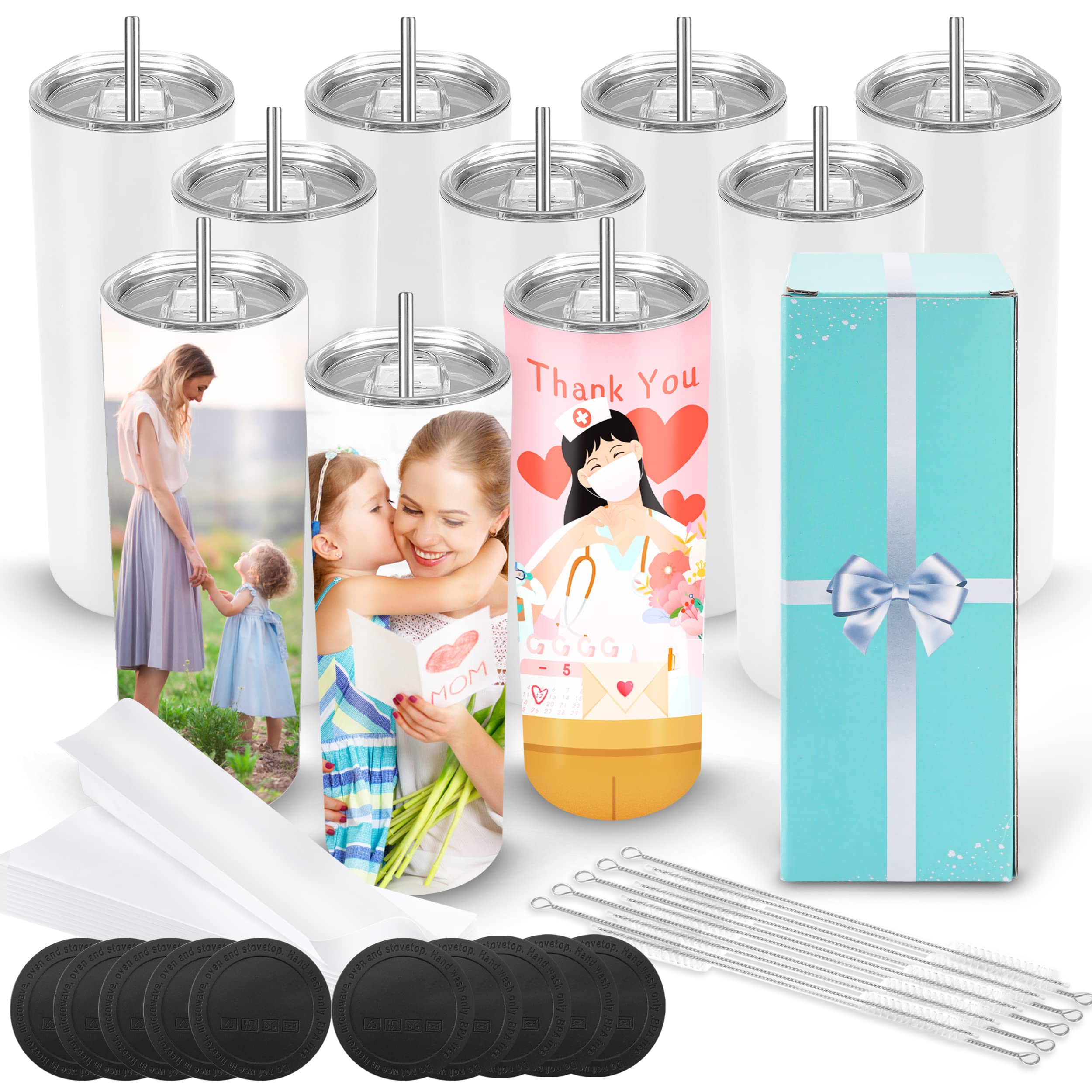 DĀ·S 10 Pack Sublimation Tumblers Bulk 20 oz Skinny Straight Flat Bottom Blank Tumbler Cups with Individual Gift Boxed for Heat Transfer DIY Craft