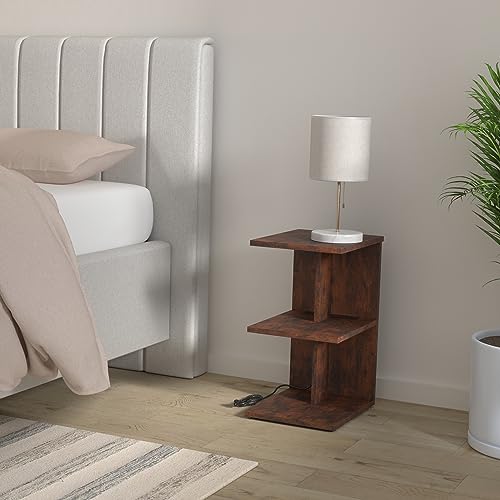 ZGREN End Table with Charging Station, Narrow Side Tables for Small Spaces with USB Ports and Outlets Rolling Bedside Nightstand Sofa Couch Side Slim Shelf Night Stand for Living Room, Bedroom, Brown