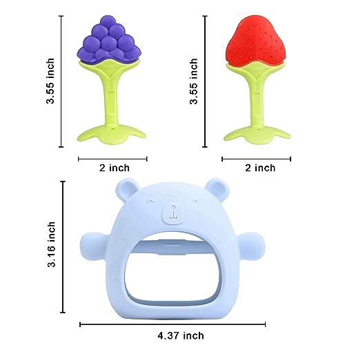 Baby Teething Toys, 3 PCS Teethers Set for 0-6, 3-6 Months & 6-12 Months, Baby Essentials, Infant Toys, Baby Chew Toys Set Food Grade Silicone, Bear Shape Teething Toy Fruit Shape Teether Set