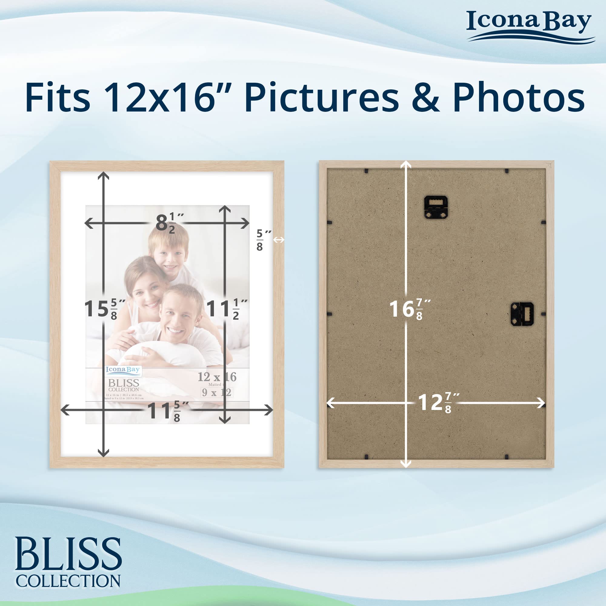 Icona Bay 12x16 Light Oak Picture Frame Fits 11x15 Photos with Mat to 9x12 Image, Modern Style Wood Composite Poster Frame, Wall Mount Only, Bliss Collection