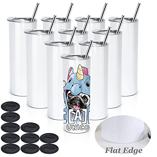 AGH 10pcs 20oz Flat Edge Sublimation Tumbler Blank, Sublimation Tumblers 20 oz Skinny Straight Cups with Individual Gift Box, Silicone Bottom, Stainless Steel Straw For Coffee Drinks