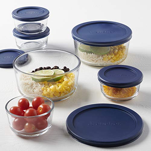 Anchor Hocking Round Food Storage Containers with Blue SnugFit Lids, (12-piece, mixed sizes, BPA and lead free, glass tempered tough for oven, microwave, fridge, and freezer)