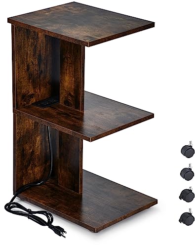 ZGREN End Table with Charging Station, Narrow Side Tables for Small Spaces with USB Ports and Outlets Rolling Bedside Nightstand Sofa Couch Side Slim Shelf Night Stand for Living Room, Bedroom, Brown