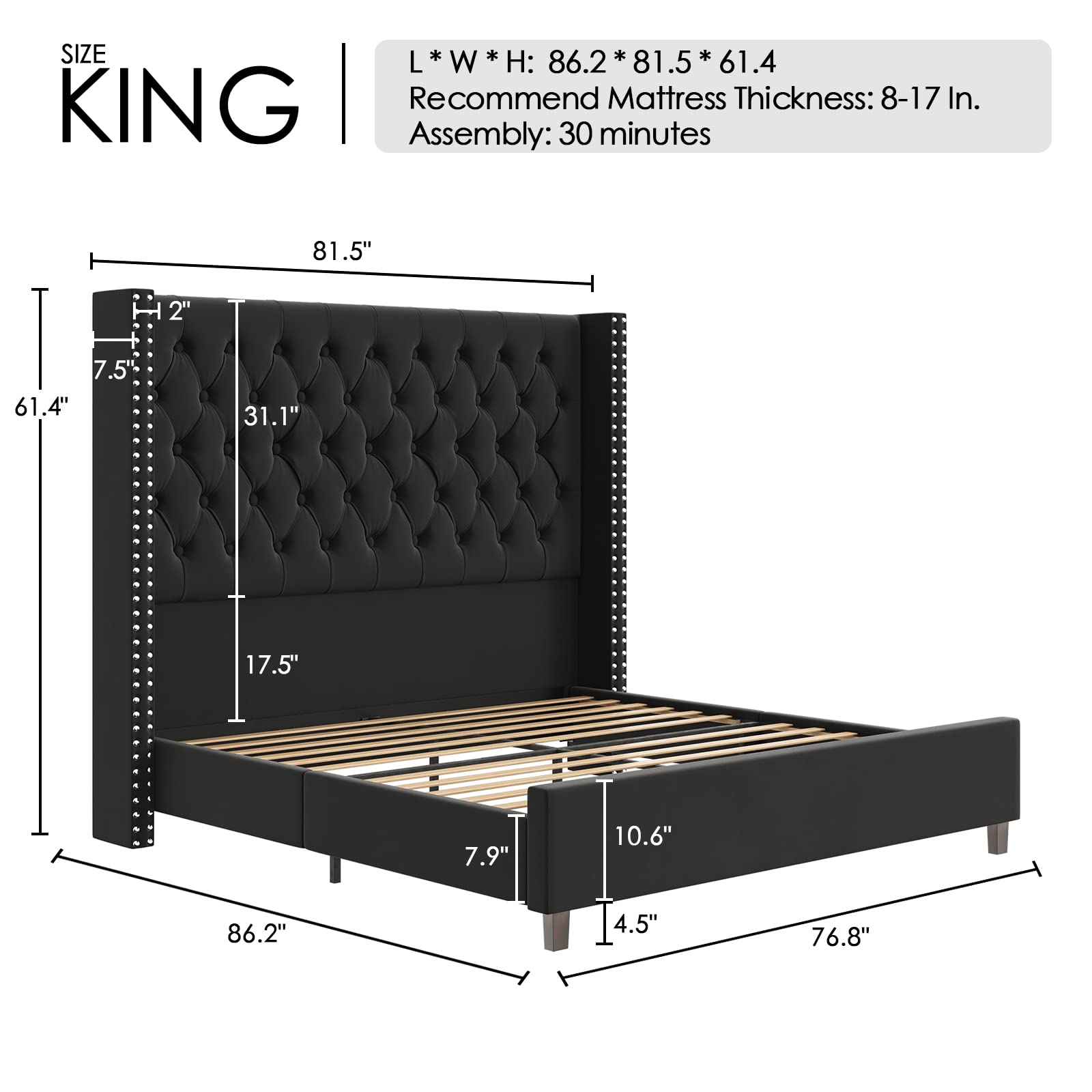 PaPaJet King Size Bed Frame 61.4" Tall Headboard Upholstered Velvet Platform Bed with Handmade Deep Button Tufted/No Box Spring Required/Black