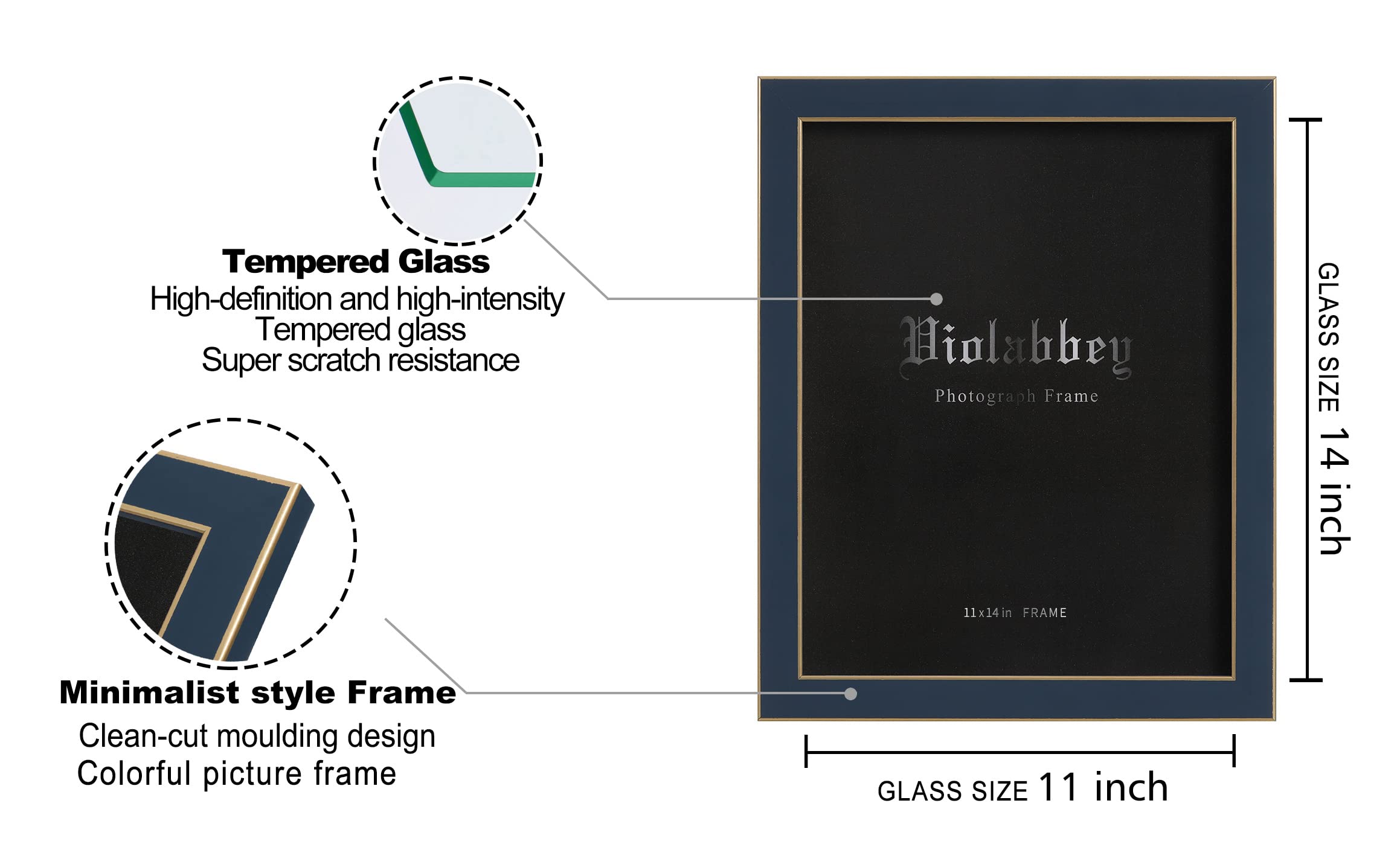 VIOLABBEY 11x14 Picture Frame Navy Blue Set of 2, Modern Style 11 by 14 Photo Frame, High Definition Tempered Real Glass, Wall or Tabletop Display