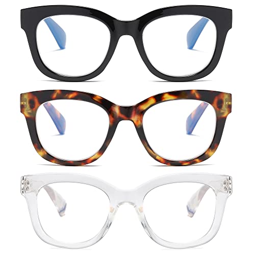 NaNaKo 3 Pack Reading Glasses for women, Oversized Blue Light Blocking Computer Readers Spring Hinge (C1,+1.50)