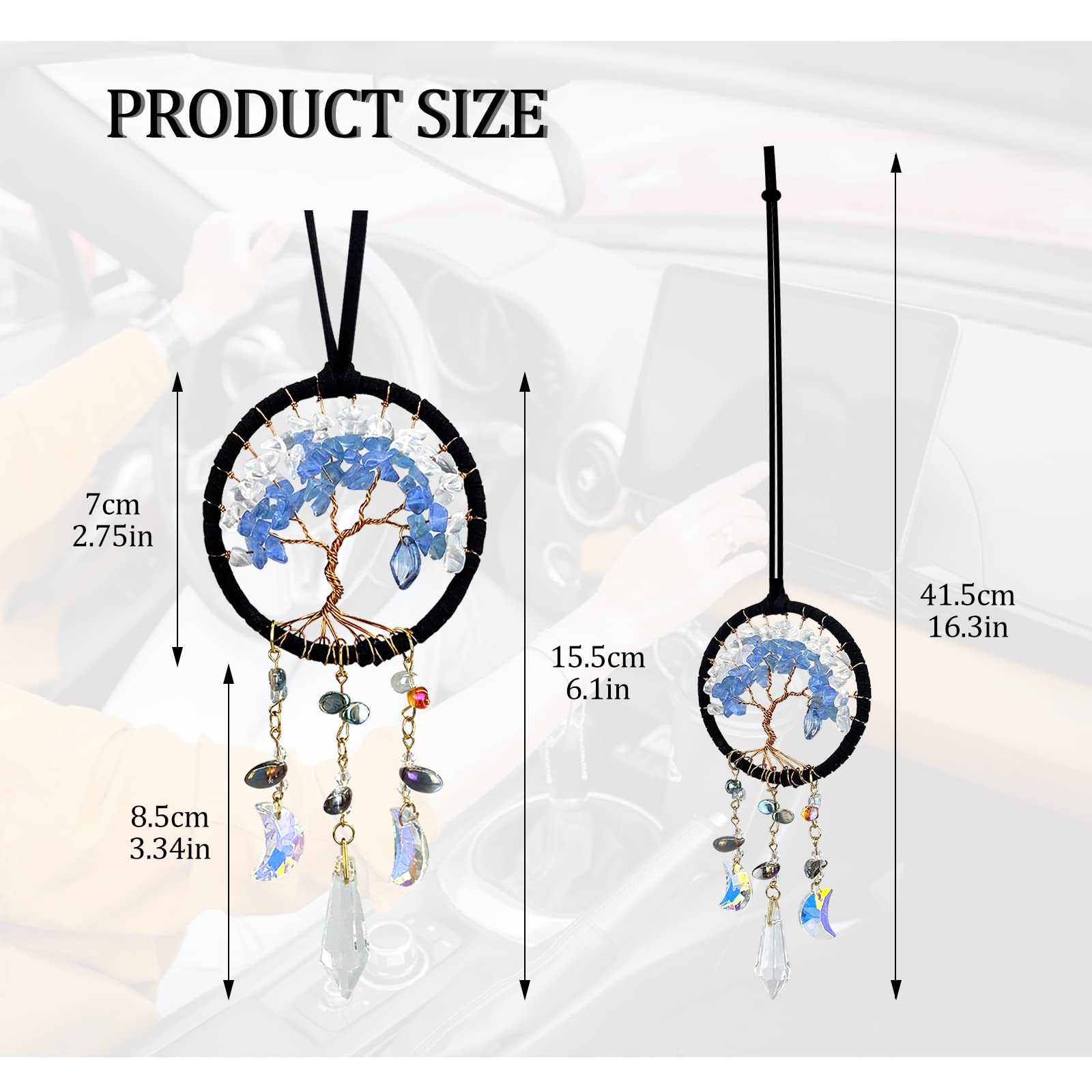Andiker Car Rear View Mirror Hanging Accessories, Cute Tree of Life Healing Crystals Stone Car Hanging Ornament (Tree)