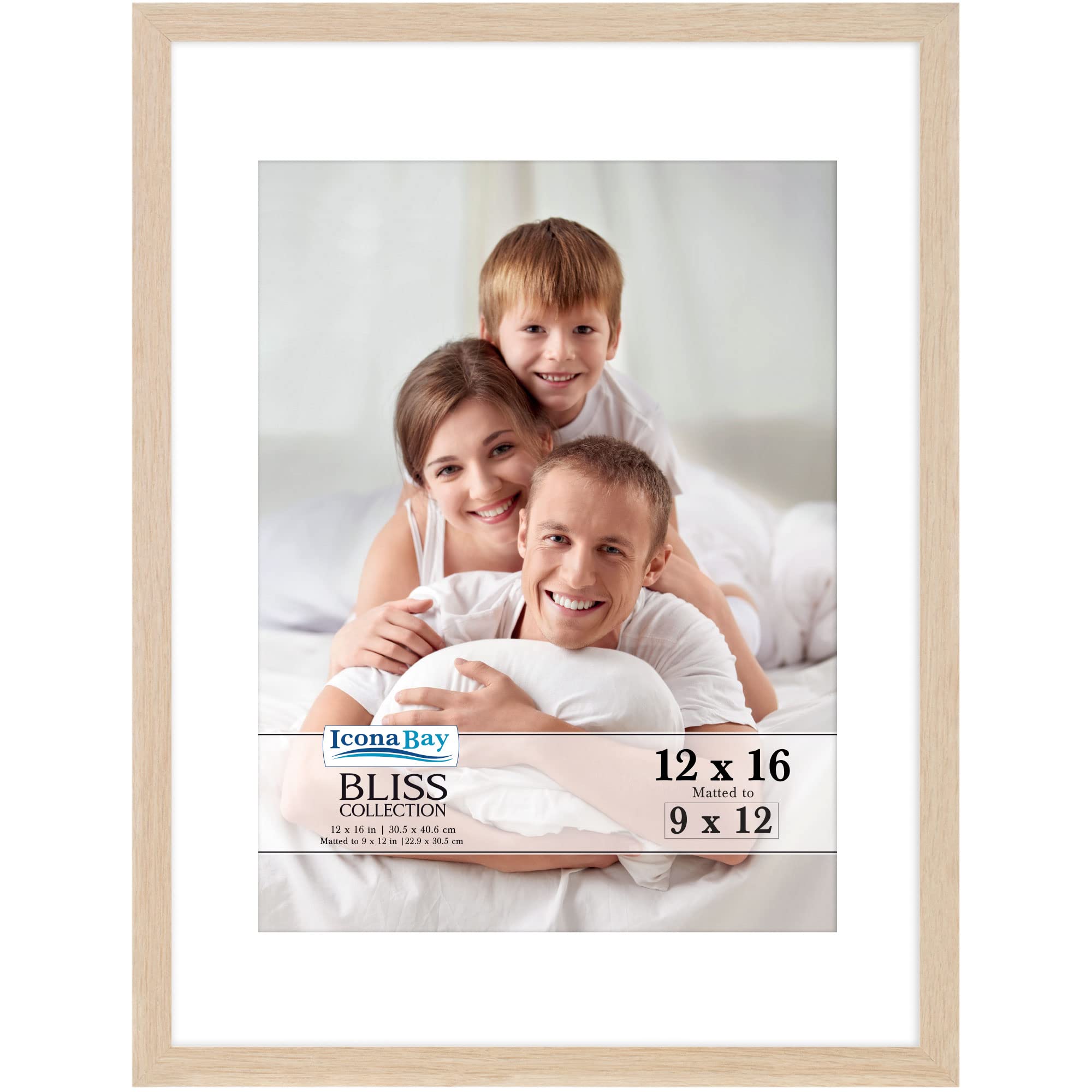 Icona Bay 12x16 Light Oak Picture Frame Fits 11x15 Photos with Mat to 9x12 Image, Modern Style Wood Composite Poster Frame, Wall Mount Only, Bliss Collection