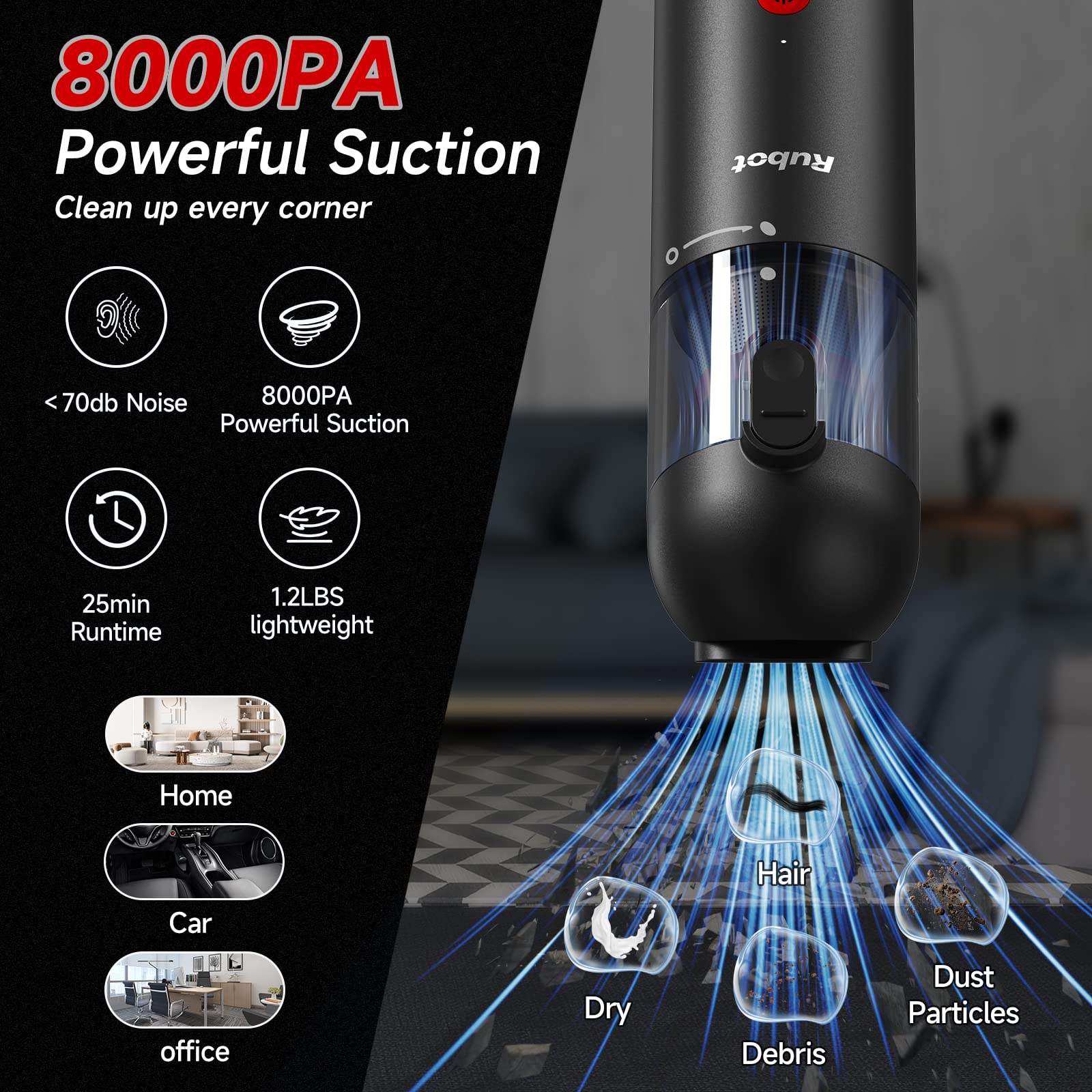 RUBOT Car Vacuum Cordless Rechargeable, Handheld Vacuum Cleaner Strong Suction with Lightweight,Portable Mini Vacuum for Home and Car Carpet Stairs Pet-P05(Black)