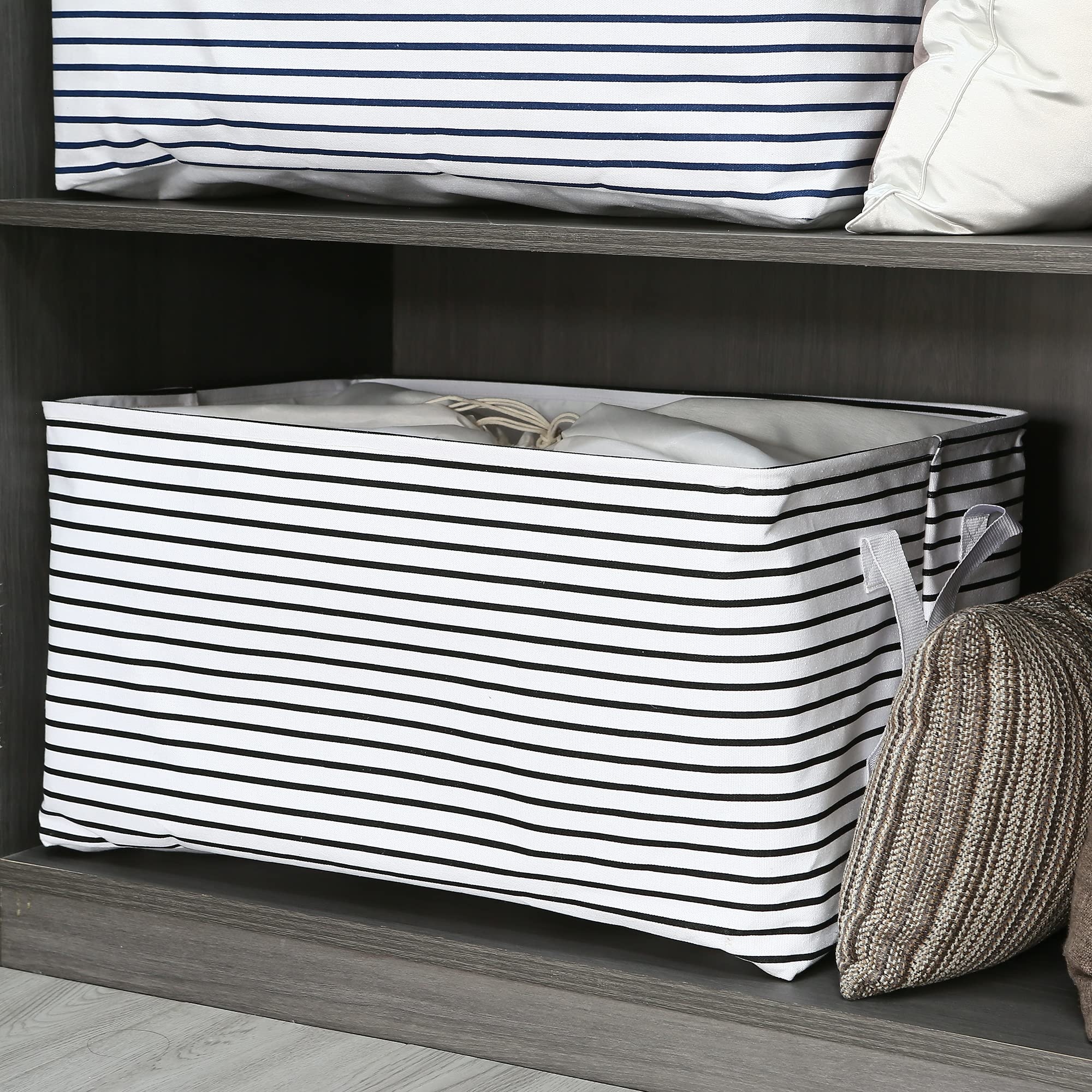 Hinwo 102L XXL Storage Bins, 2-Pack Closet Organizers and Storage, Foldable Clothes Storage Baskets with Handles, Containers for Clothing, Blanket, Comforters, Toys, Bedding (Black Stripe)