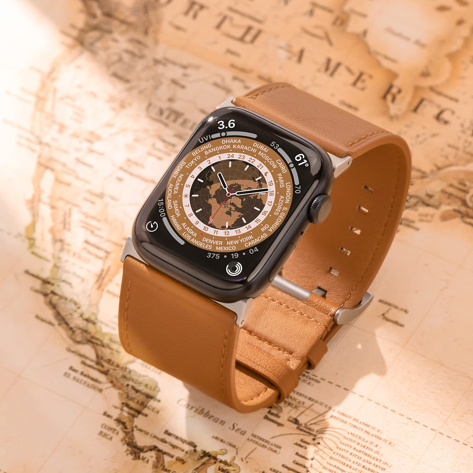 Tefeca Dual Series Band Compatible with Apple Watch Ultra 2/Ultra 49mm, Series 10 46mm, Series 9/8/7 45mm, SE2/SE/6/5/4 44mm (Brown Leather with Silver Adapters, 49/46/45/44mm)