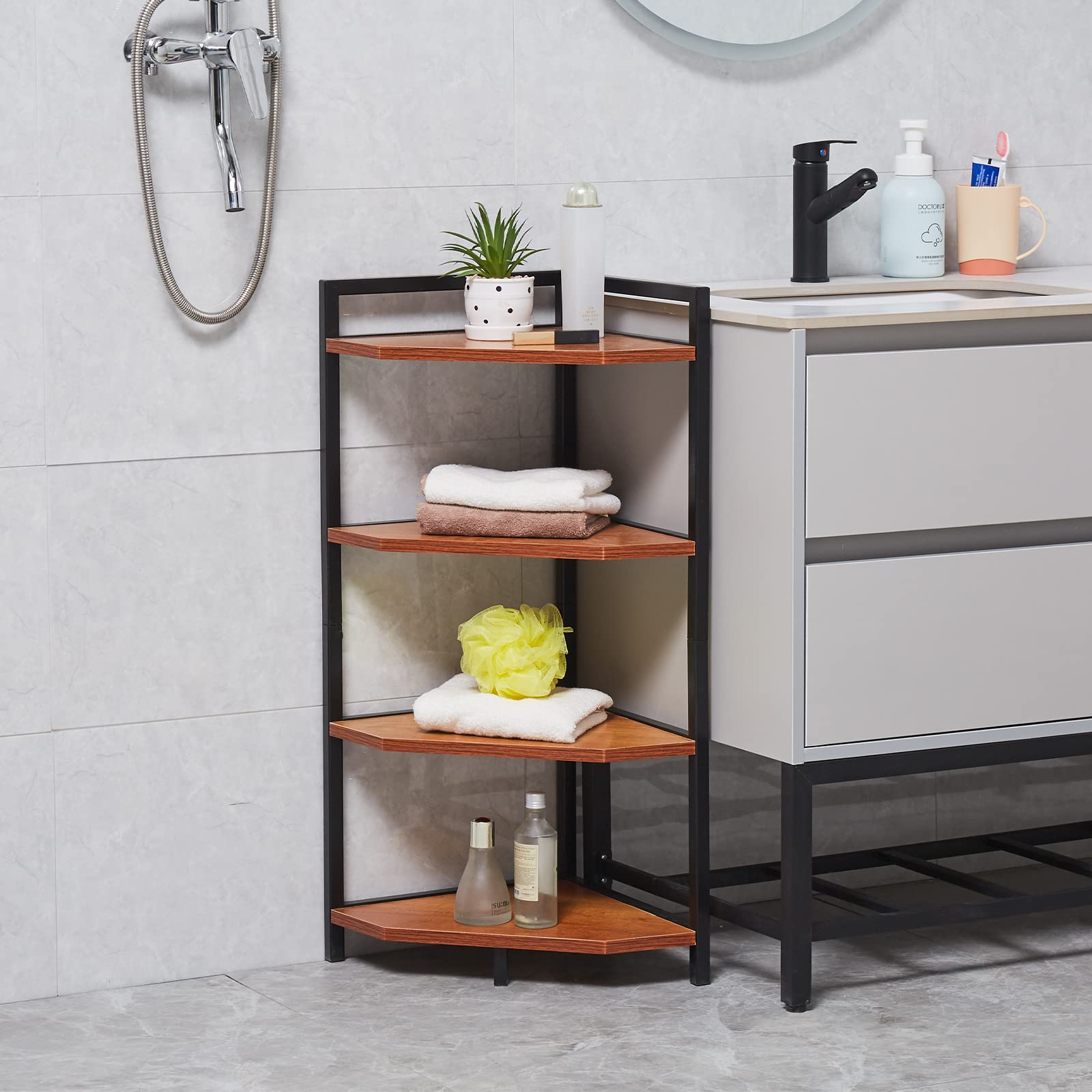 Cplxroc Corner Shelf, 4-Tier Display Shelves, Wood Storage Stand, Multipurpose Shelving Unit for Small Space, Home Office, Bathroom Corner Chelf (Brown)
