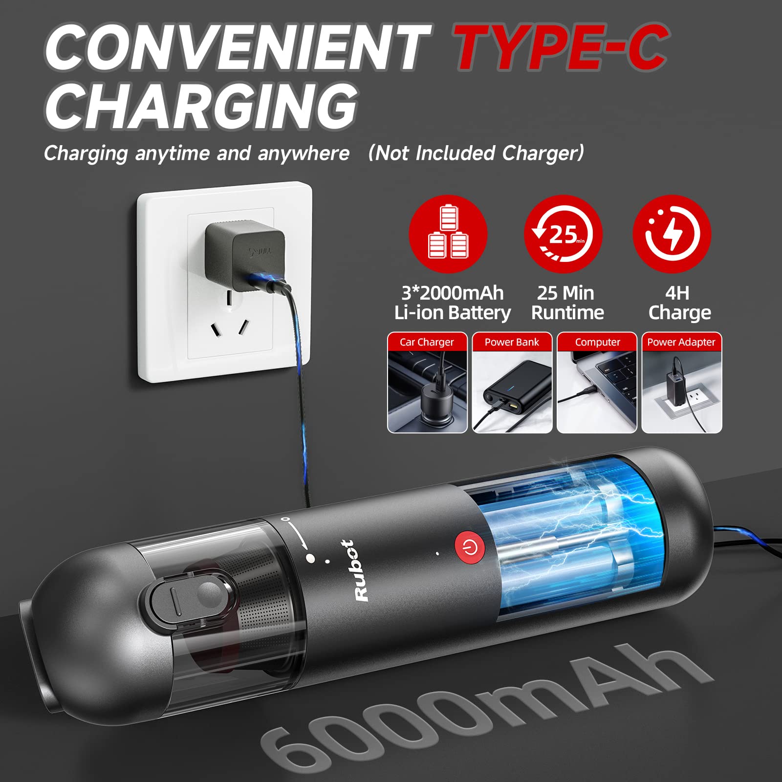 RUBOT Car Vacuum Cordless Rechargeable, Handheld Vacuum Cleaner Strong Suction with Lightweight,Portable Mini Vacuum for Home and Car Carpet Stairs Pet-P05(Black)