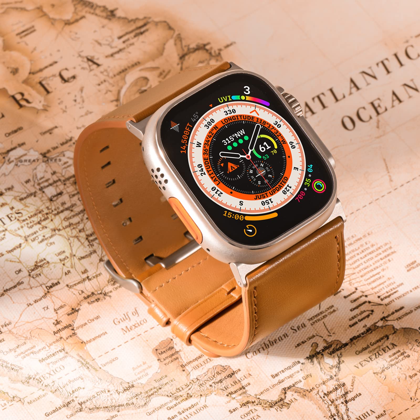 Tefeca Dual Series Band Compatible with Apple Watch Ultra 2/Ultra 49mm, Series 10 46mm, Series 9/8/7 45mm, SE2/SE/6/5/4 44mm (Brown Leather with Silver Adapters, 49/46/45/44mm)