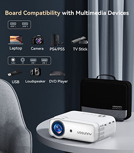 Native 1080P Projector with 5G WiFi and Bluetooth, USSUNNY 9800L HD Movie Projector Outdoor Home Theater Led Video Portable 300'' Display Projector for Phone Wireless Connection