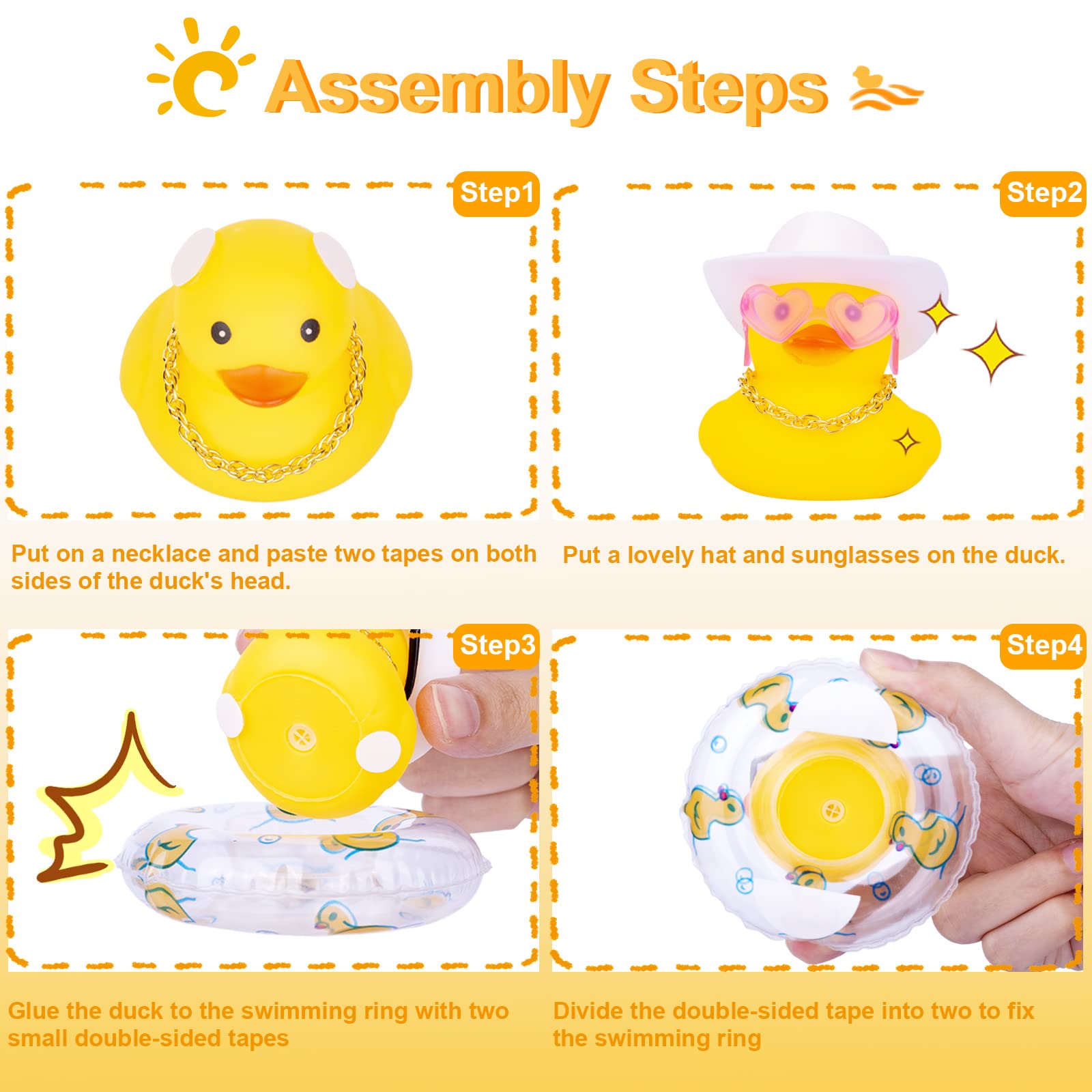 MuMyer Yellow Duck Dashboard Decorations Mini Rubber Ducks Car Ornament Accessories with Mini Cowboy Hat Swim Tube Necklace and Love Shaped Sunglasses(L4)