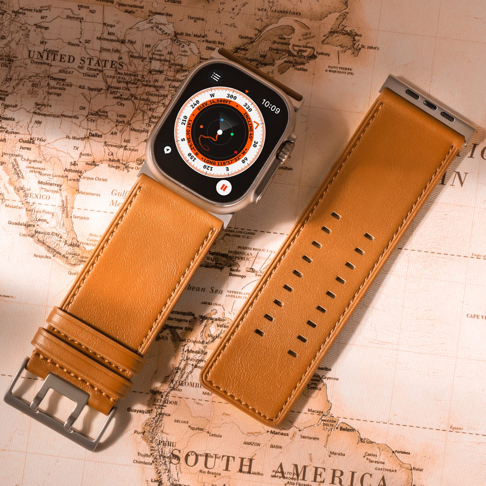 Tefeca Dual Series Band Compatible with Apple Watch Ultra 2/Ultra 49mm, Series 10 46mm, Series 9/8/7 45mm, SE2/SE/6/5/4 44mm (Brown Leather with Silver Adapters, 49/46/45/44mm)