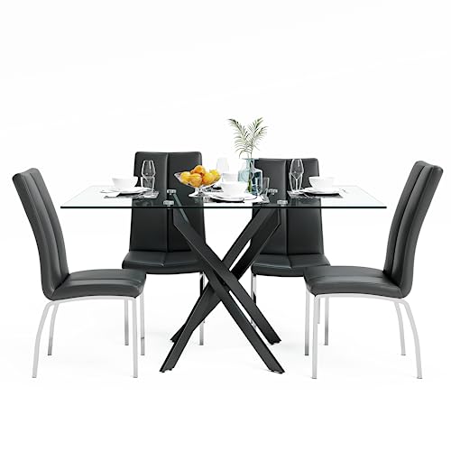 NIERN Tempered Glass Dining Table with Black Metal Legs, 47" Modern Rectangular Kitchen Table for Dining Room Kitchen,Black