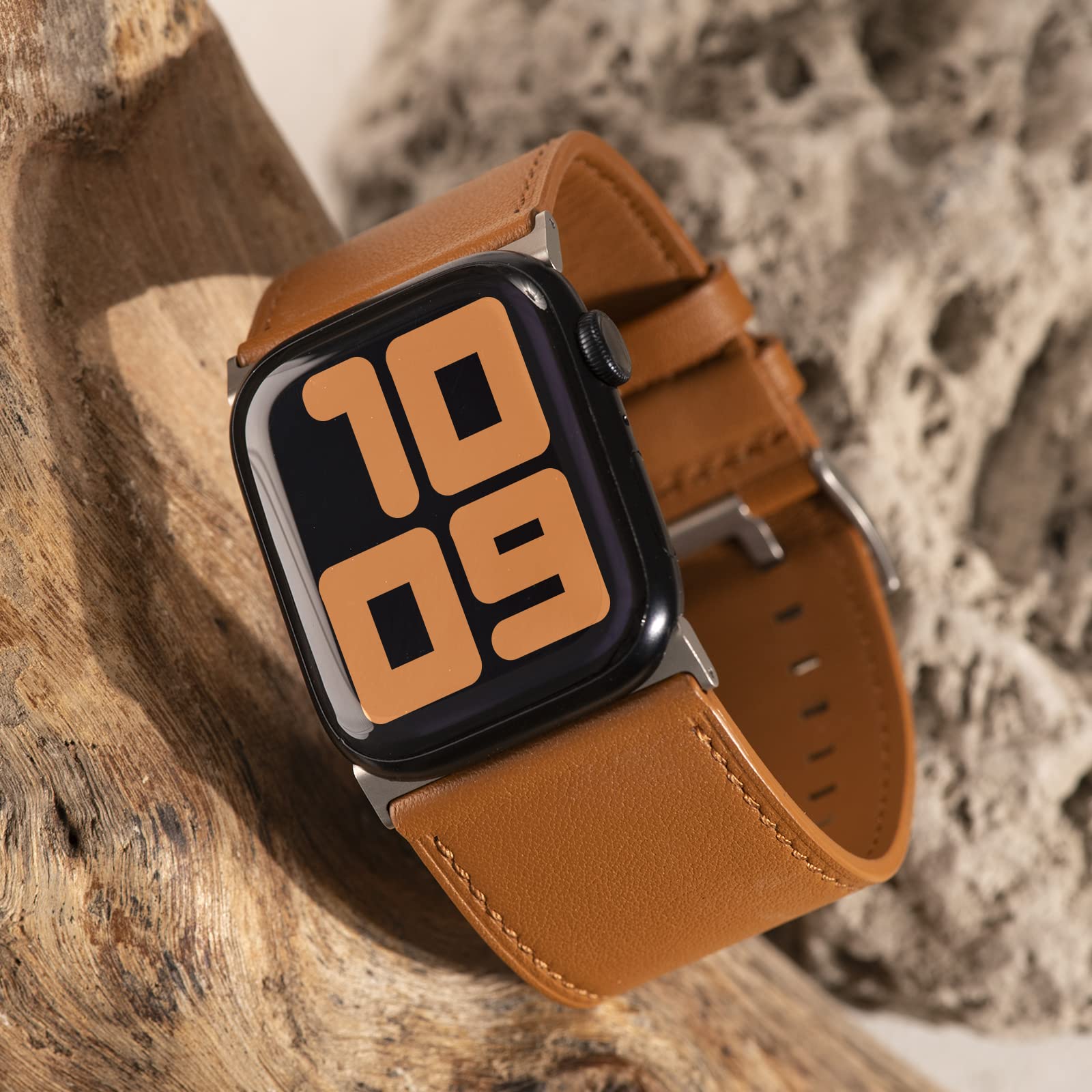 Tefeca Dual Series Band Compatible with Apple Watch Ultra 2/Ultra 49mm, Series 10 46mm, Series 9/8/7 45mm, SE2/SE/6/5/4 44mm (Brown Leather with Silver Adapters, 49/46/45/44mm)