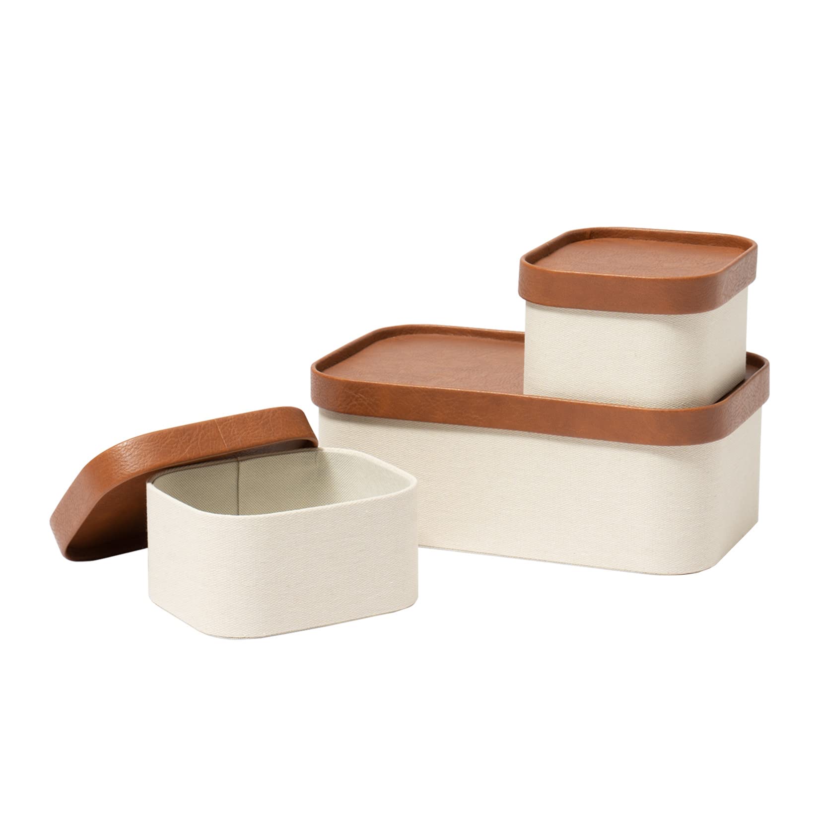 Beige Decorative Storage Boxes With Lids, Storage Baskets with Leather-Like Lids, Sturdy Stackable Paper Boxes Decorative Tray, Modern Basket Organizer Bins for Jewelry Shelve Bathroom Bedroom