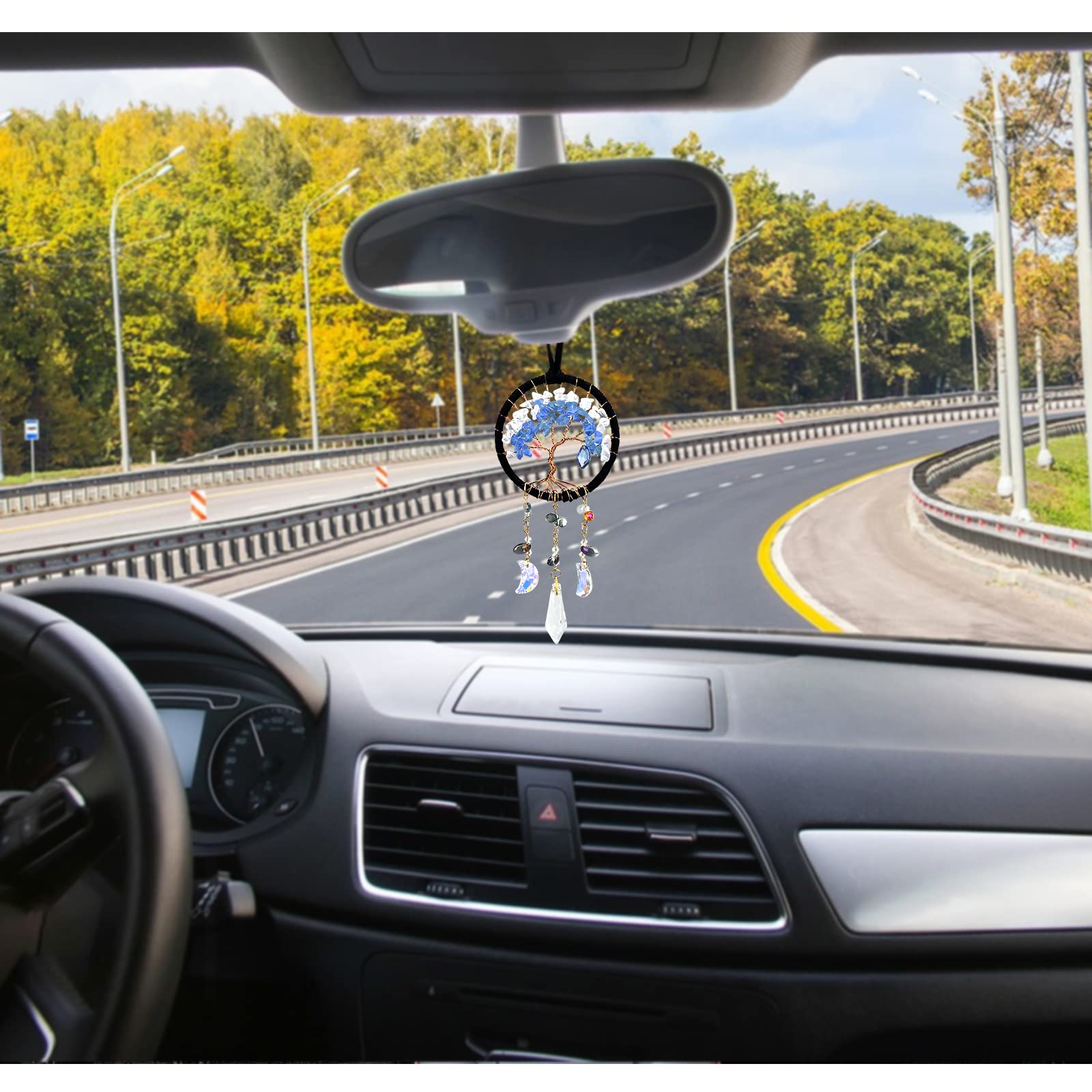 Andiker Car Rear View Mirror Hanging Accessories, Cute Tree of Life Healing Crystals Stone Car Hanging Ornament (Tree)