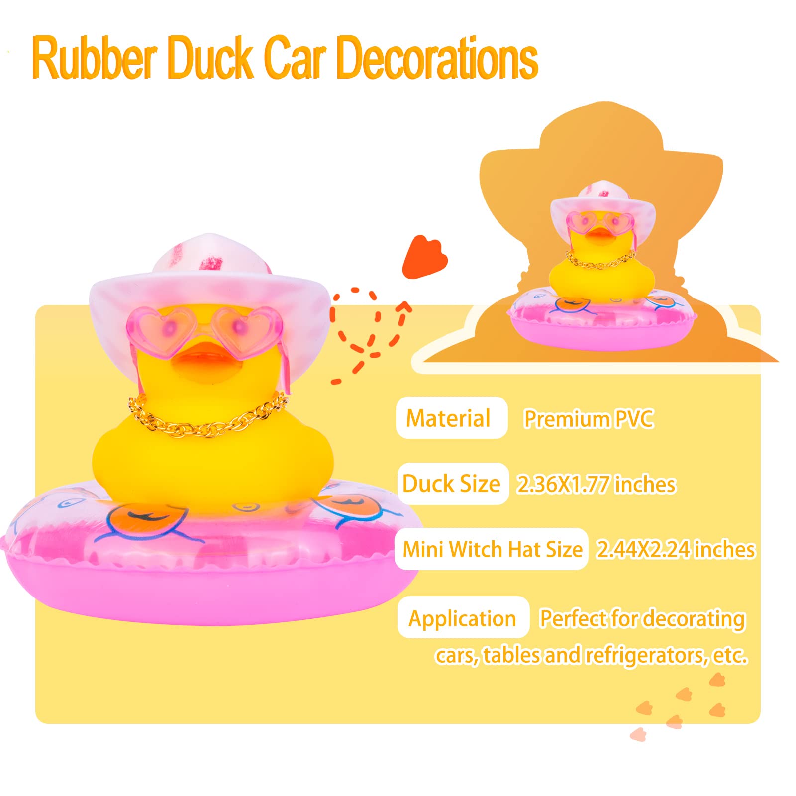MuMyer Yellow Duck Dashboard Decorations Mini Rubber Ducks Car Ornament Accessories with Mini Cowboy Hat Swim Tube Necklace and Love Shaped Sunglasses(L4)