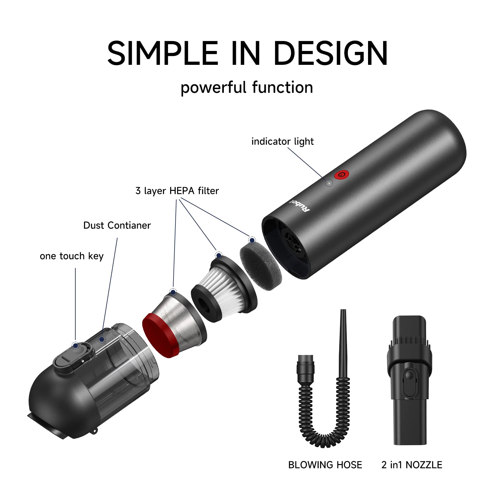 RUBOT Car Vacuum Cordless Rechargeable, Handheld Vacuum Cleaner Strong Suction with Lightweight,Portable Mini Vacuum for Home and Car Carpet Stairs Pet-P05(Black)