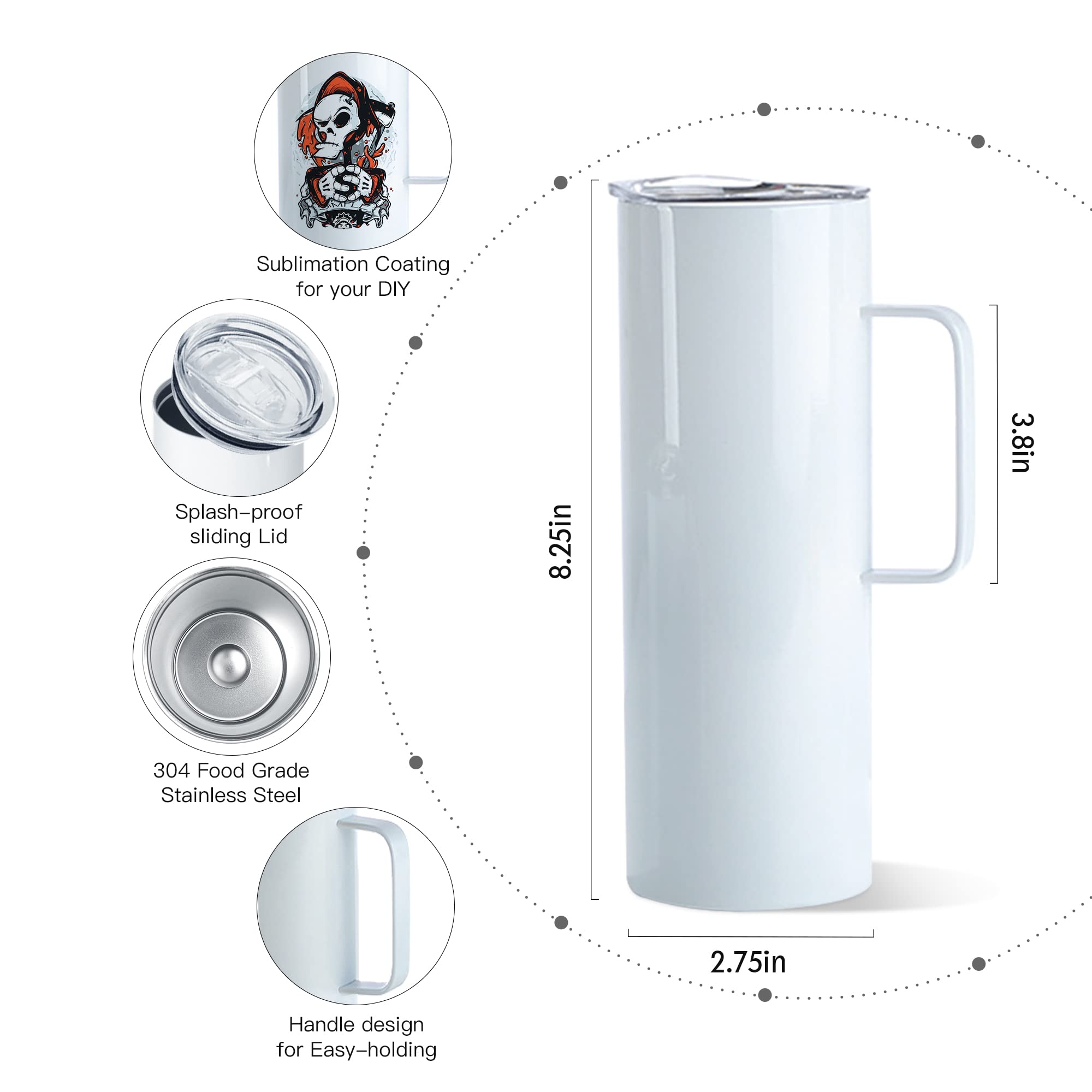 AGH Sublimation Tumblers with Handle 20oz Sublimation Blanks 4 Pack Skinny Straight Stainless Steel Vacuum Insulated Tumblers with Lids and Straws Keep Cold 24 Hours (White)