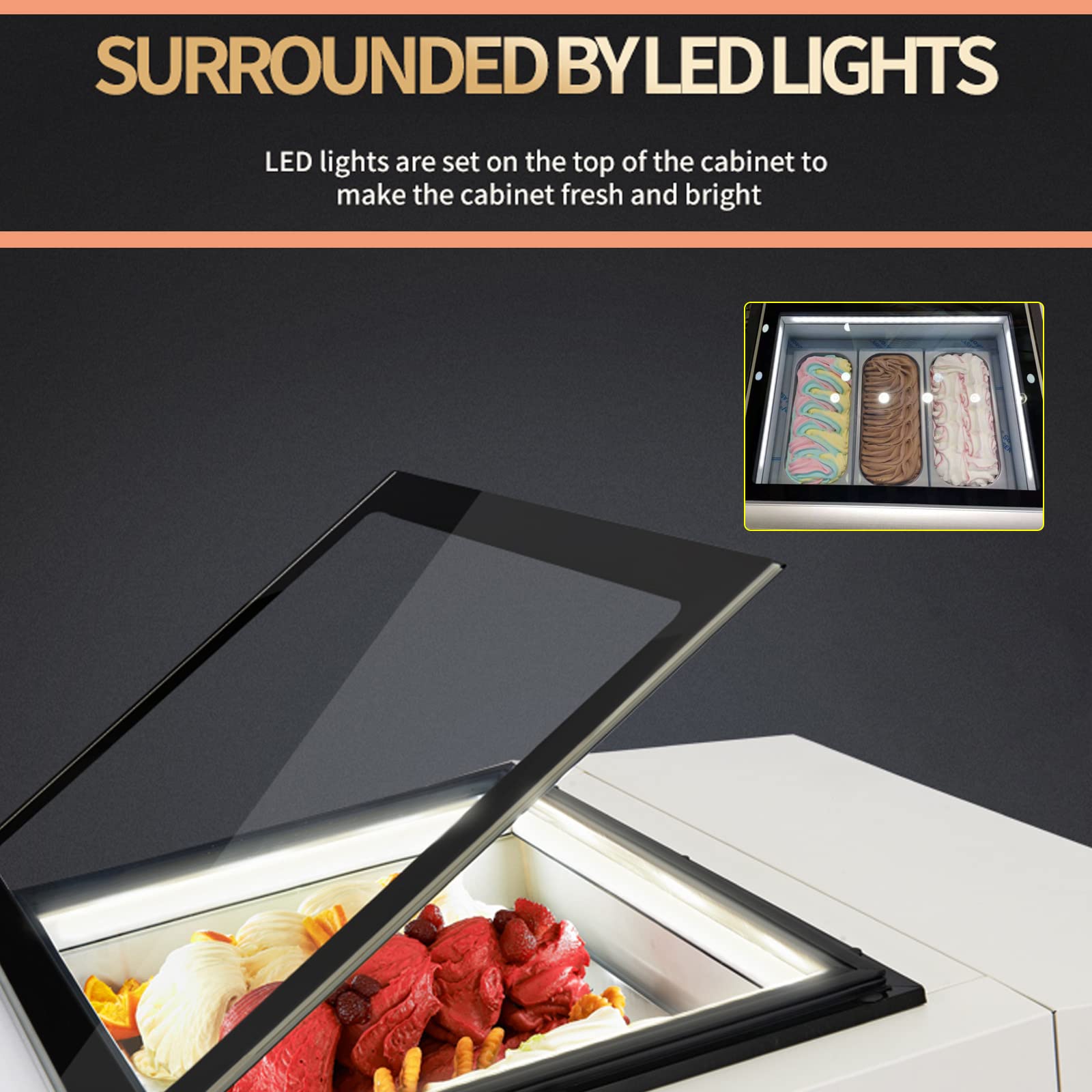 Vaseni Ice Cream Freezer Display Case, Glass Top Ice cream Showcase Countertop Gelato Display with 3 pcs 1/3 GN pan