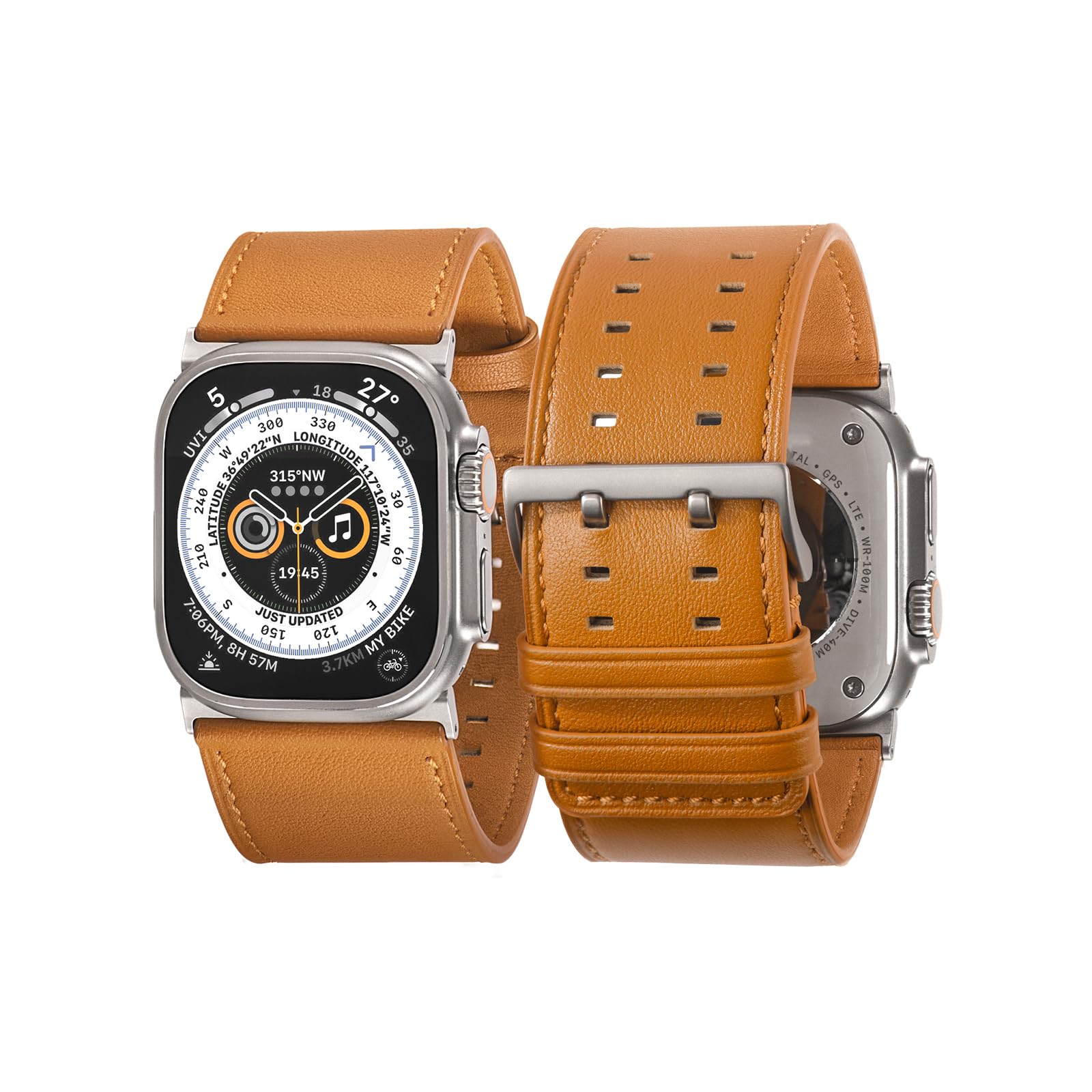 Tefeca Dual Series Band Compatible with Apple Watch Ultra 2/Ultra 49mm, Series 10 46mm, Series 9/8/7 45mm, SE2/SE/6/5/4 44mm (Brown Leather with Silver Adapters, 49/46/45/44mm)