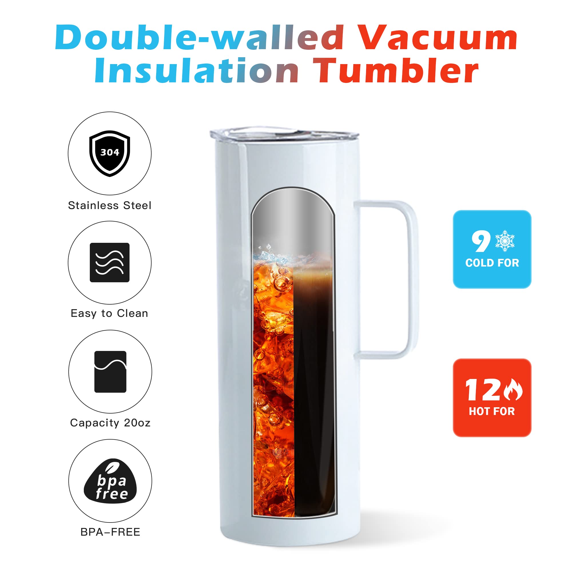 AGH Sublimation Tumblers with Handle 20oz Sublimation Blanks 4 Pack Skinny Straight Stainless Steel Vacuum Insulated Tumblers with Lids and Straws Keep Cold 24 Hours (White)
