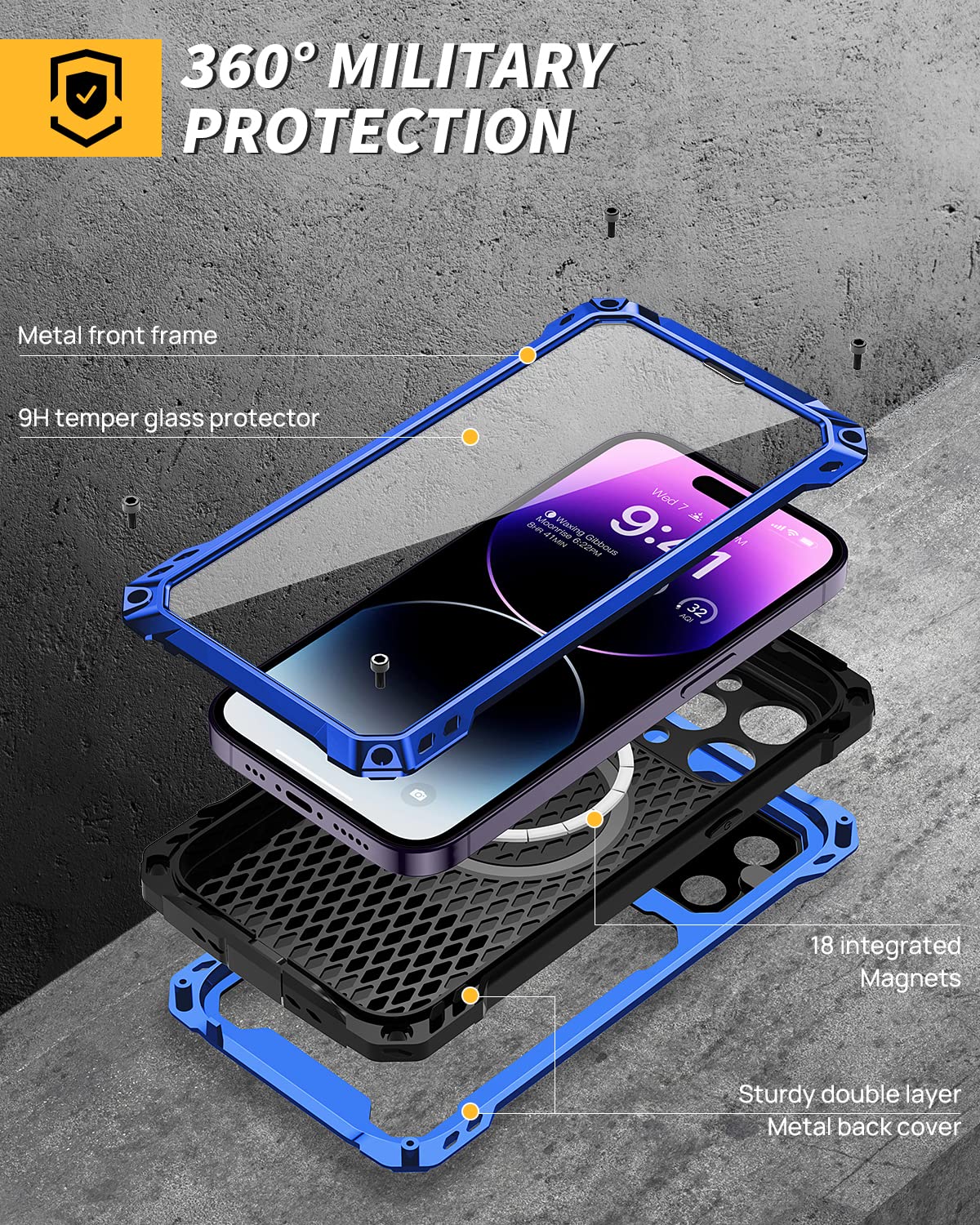 Lanhiem for iPhone 14 Pro Max Metal Case, [Built-in Camera Kickstand & Tempered Glass Screen Protector] Protective Rugged Heavy Duty Full Body Magsafe Military Cover for iPhone 14 Pro Max 6.7"(Blue)