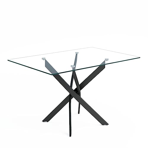 NIERN Tempered Glass Dining Table with Black Metal Legs, 47" Modern Rectangular Kitchen Table for Dining Room Kitchen,Black