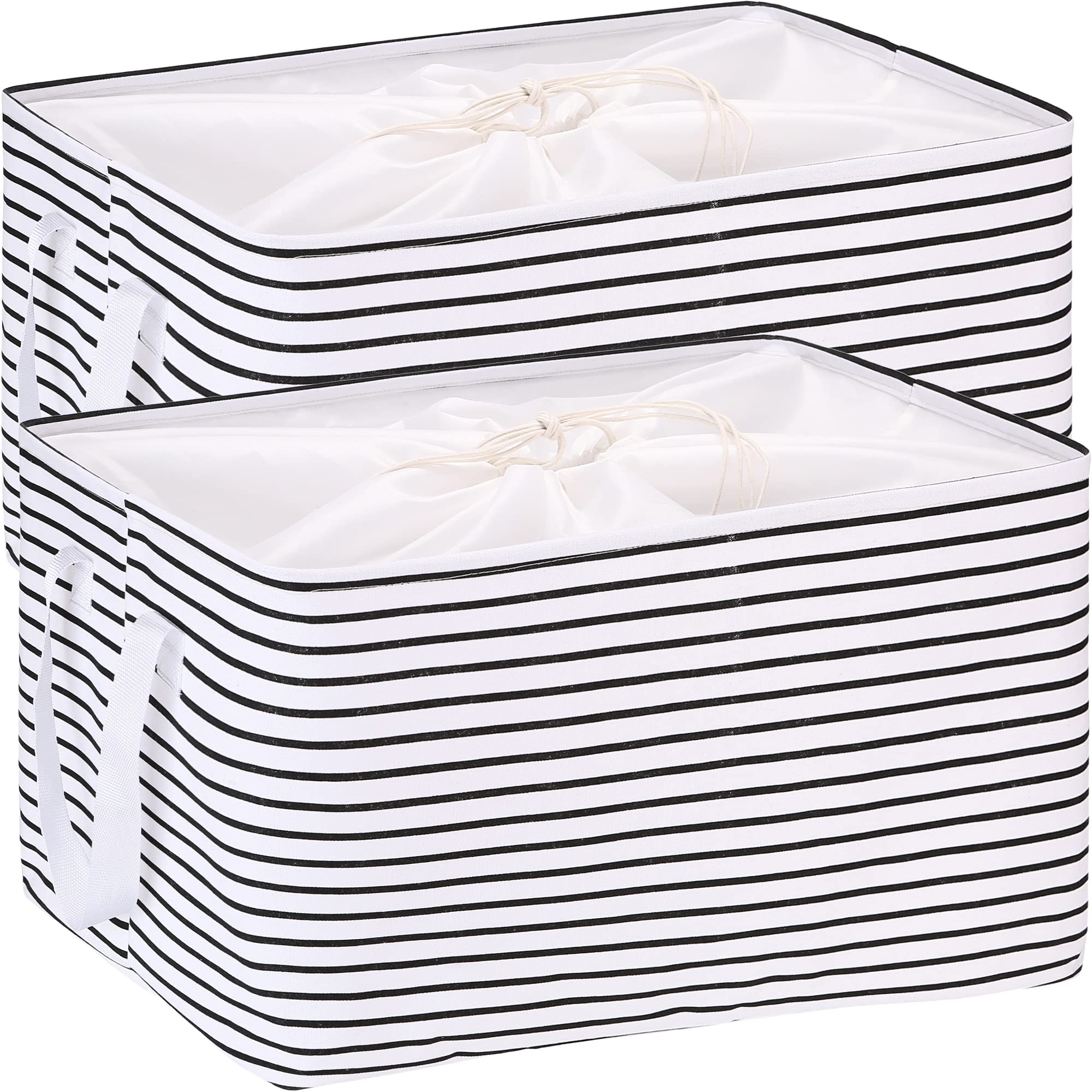 Hinwo 102L XXL Storage Bins, 2-Pack Closet Organizers and Storage, Foldable Clothes Storage Baskets with Handles, Containers for Clothing, Blanket, Comforters, Toys, Bedding (Black Stripe)