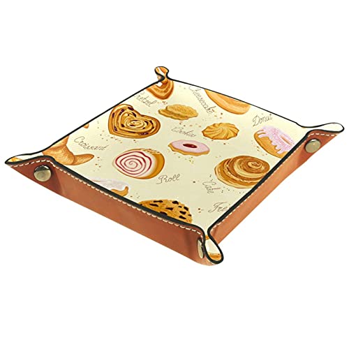 Leather Valet Tray, Dice Tray Folding Square Holder, Dresser Organizer Plate for Change Coin Key, Cartoon Cake Donut Bread