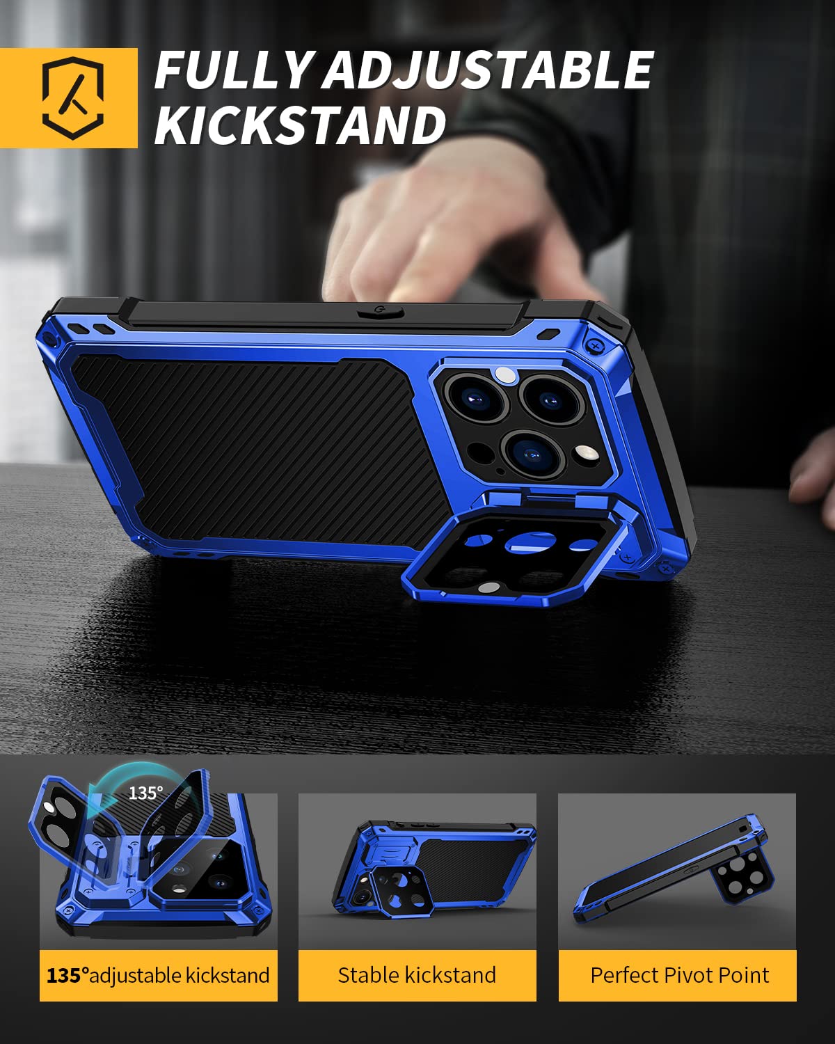 Lanhiem for iPhone 14 Pro Max Metal Case, [Built-in Camera Kickstand & Tempered Glass Screen Protector] Protective Rugged Heavy Duty Full Body Magsafe Military Cover for iPhone 14 Pro Max 6.7"(Blue)