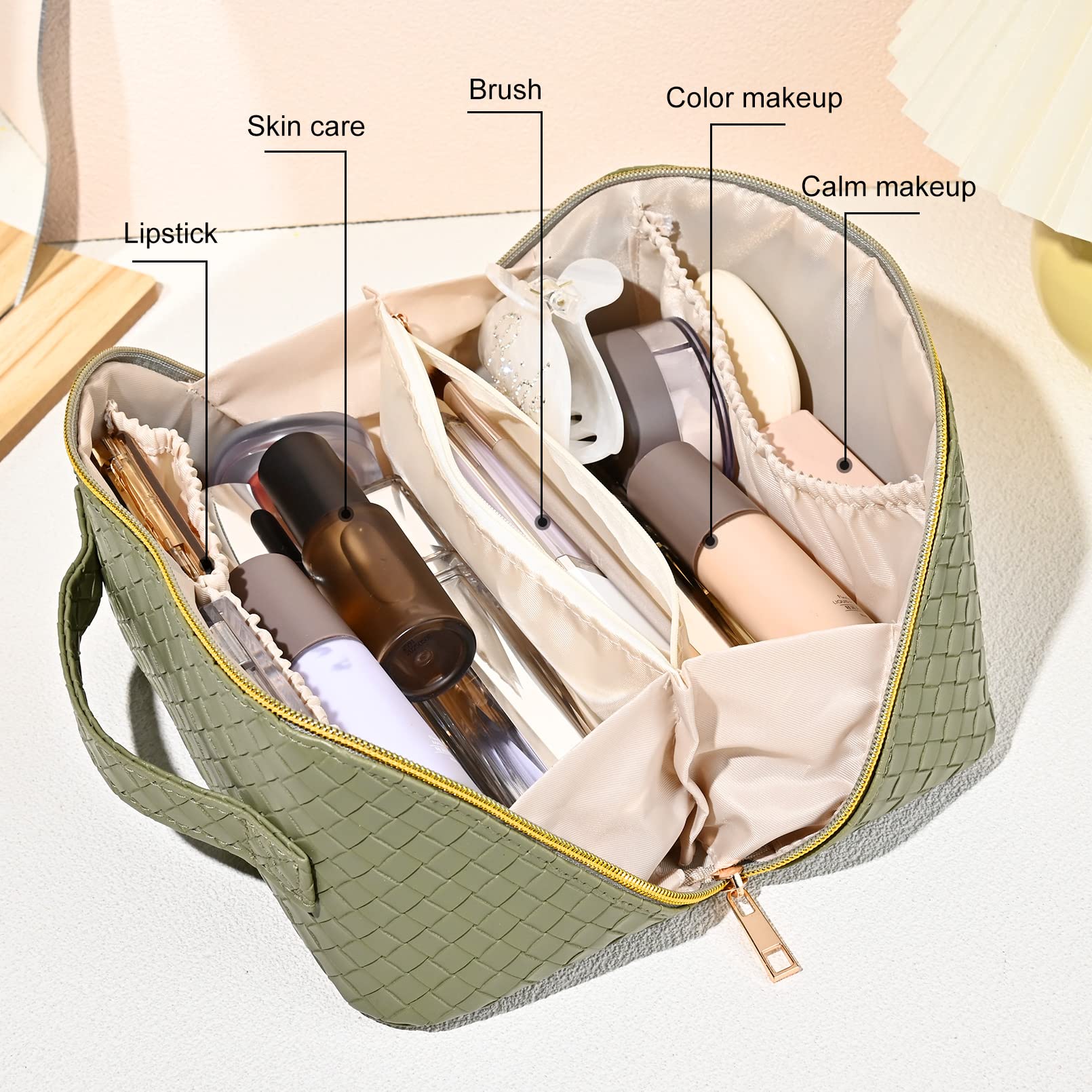 SOIDRAM Large Capacity Travel Cosmetic Bag Makeup Bag Leather Makeup Bag Organizer Women Portable Toiletry Bag Flat Lay Everything Cosmetic Bag Green