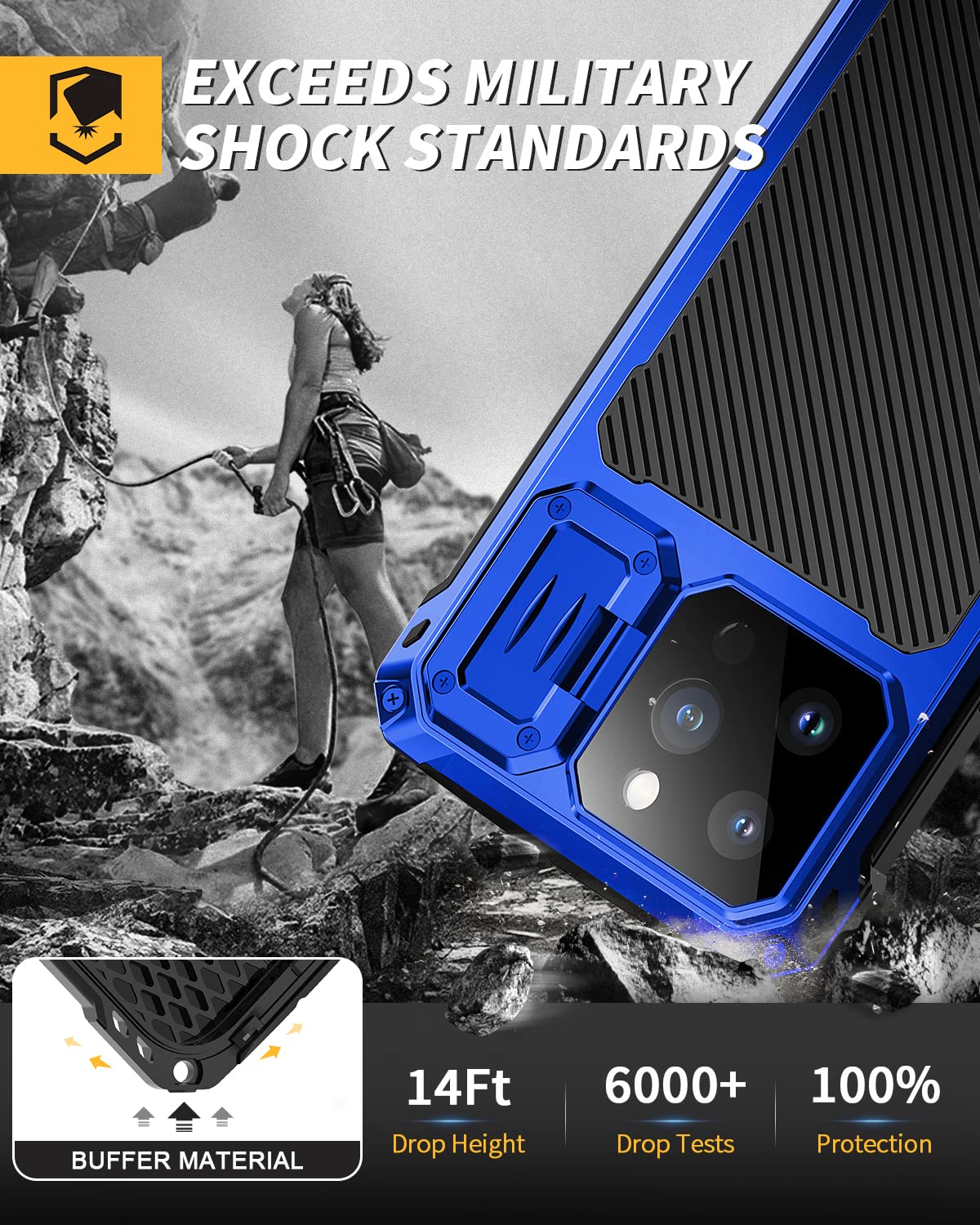 Lanhiem for iPhone 14 Pro Max Metal Case, [Built-in Camera Kickstand & Tempered Glass Screen Protector] Protective Rugged Heavy Duty Full Body Magsafe Military Cover for iPhone 14 Pro Max 6.7"(Blue)