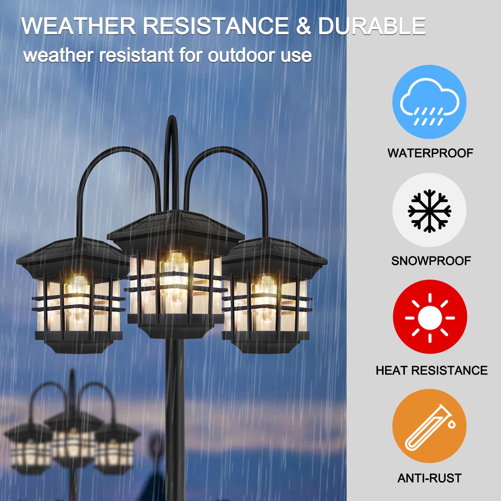 Aluminum Classic Black Solar Lamp Post Lights - 3-Head Waterproof Outdoor Street Lights for Backyard, Garden, Driveway, Lawn (LED Bulbs Included)