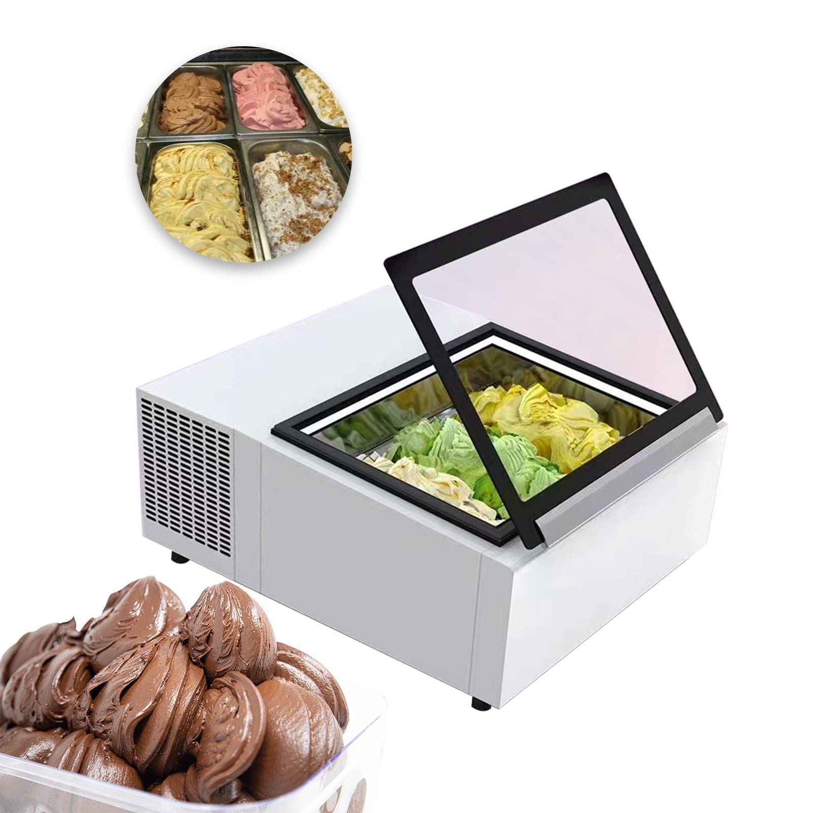 Vaseni Ice Cream Freezer Display Case, Glass Top Ice cream Showcase Countertop Gelato Display with 3 pcs 1/3 GN pan