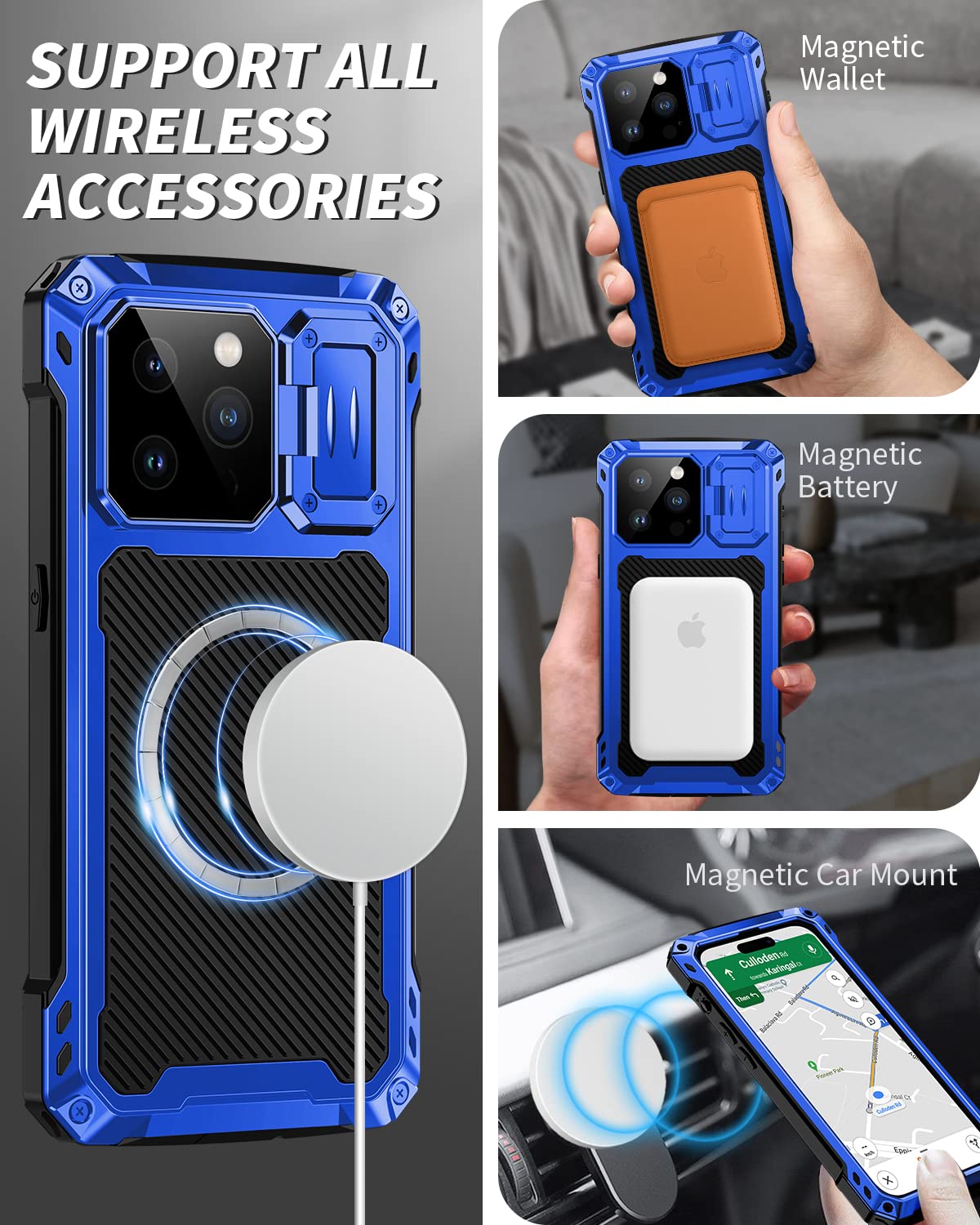 Lanhiem for iPhone 14 Pro Max Metal Case, [Built-in Camera Kickstand & Tempered Glass Screen Protector] Protective Rugged Heavy Duty Full Body Magsafe Military Cover for iPhone 14 Pro Max 6.7"(Blue)
