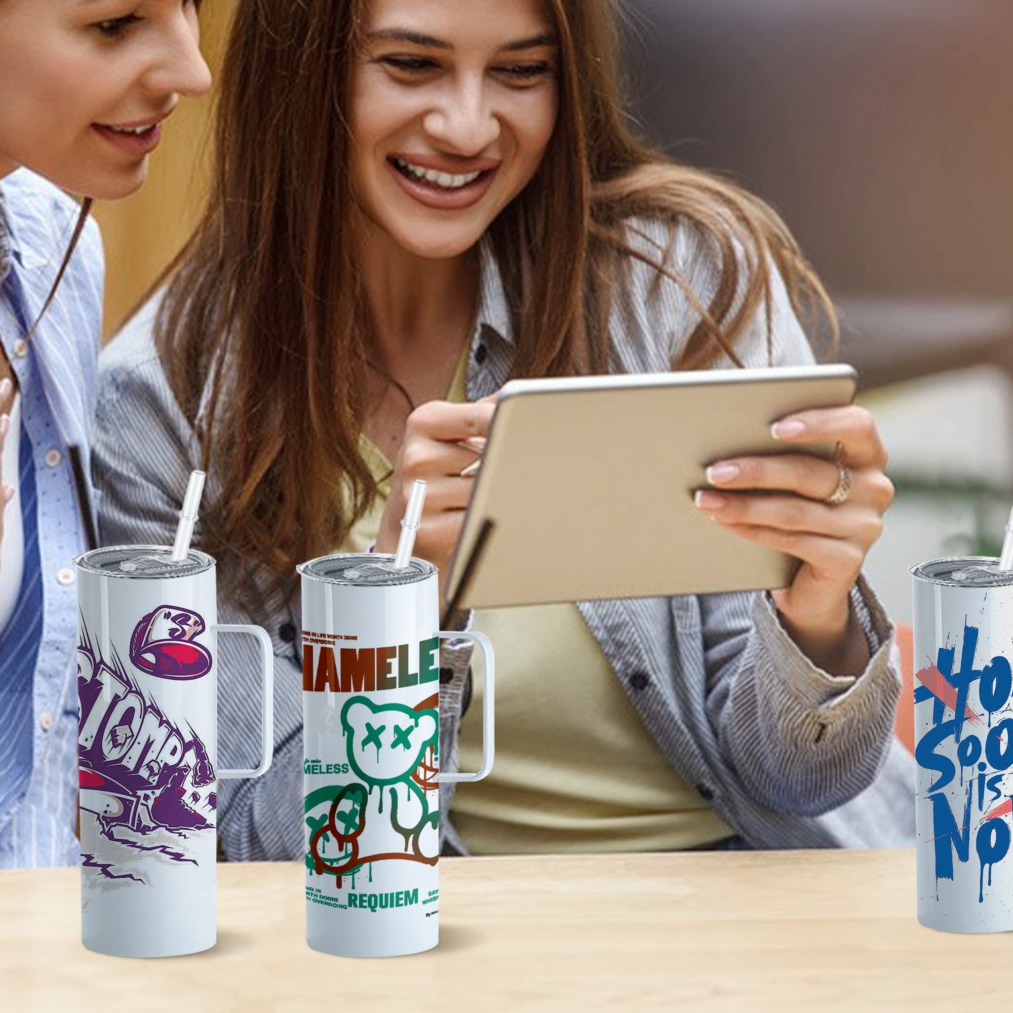 AGH Sublimation Tumblers with Handle 20oz Sublimation Blanks 4 Pack Skinny Straight Stainless Steel Vacuum Insulated Tumblers with Lids and Straws Keep Cold 24 Hours (White)