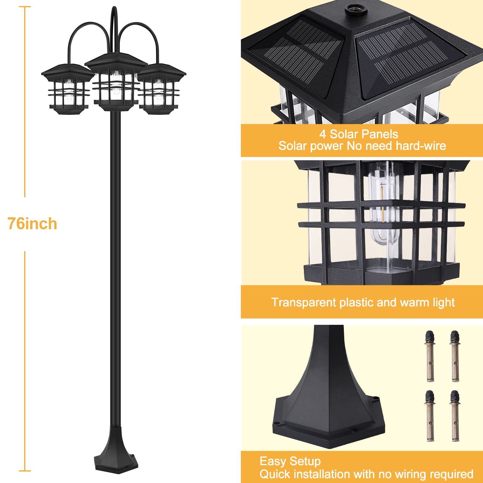 Aluminum Classic Black Solar Lamp Post Lights - 3-Head Waterproof Outdoor Street Lights for Backyard, Garden, Driveway, Lawn (LED Bulbs Included)