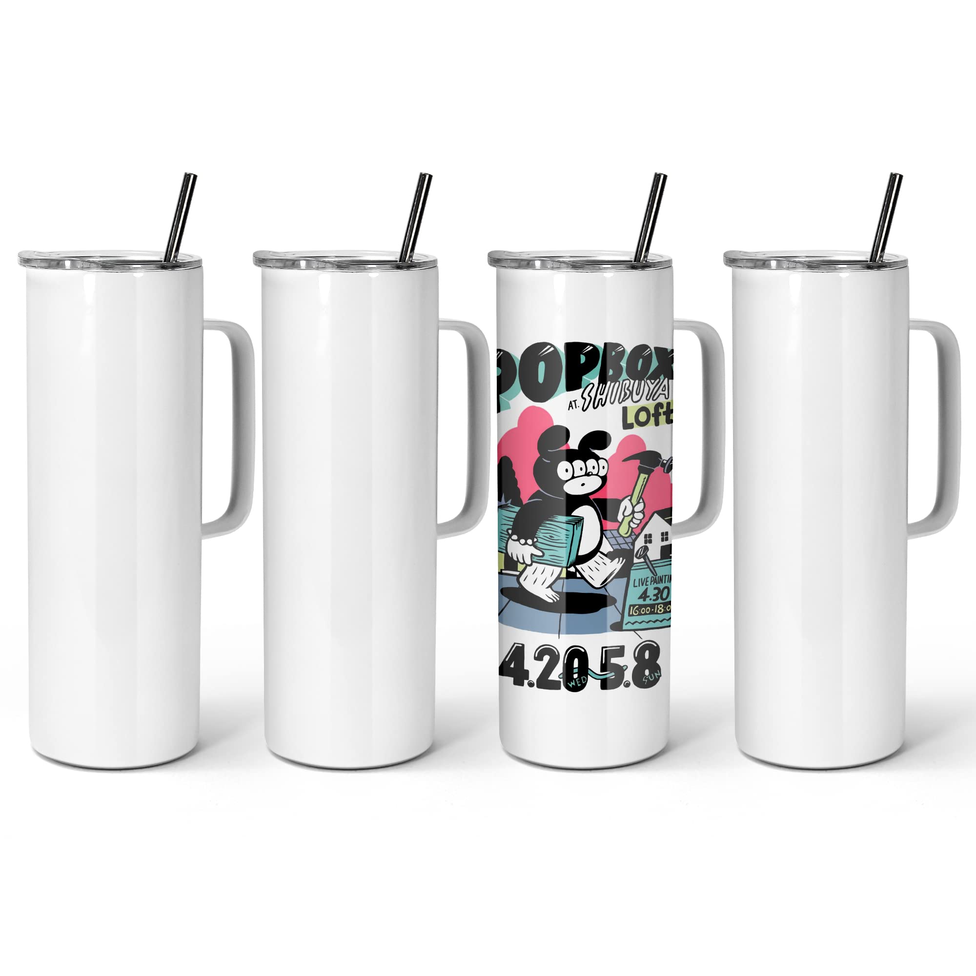 AGH Sublimation Tumblers with Handle 20oz Sublimation Blanks 4 Pack Skinny Straight Stainless Steel Vacuum Insulated Tumblers with Lids and Straws Keep Cold 24 Hours (White)
