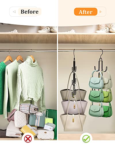 Purses Hanger Organizer for Closet 2 Pack, Myfolrena Metal Purse Holder for Closet Space Saving Bag Storage Hook for Hanging Handbags, Belts,Scarves,Tote,Hats,Clothes,Bags,Ties (Black)