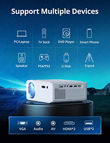 MiTecHPro Native HD 1080P Projector with 5G WiFi, 340 ANSI Portable Movie Projector 4K Support with Zoom Function and Timer Shutdown, Outdoor Projector for HDMI/USB/Laptop/iOS & Android Phone, White