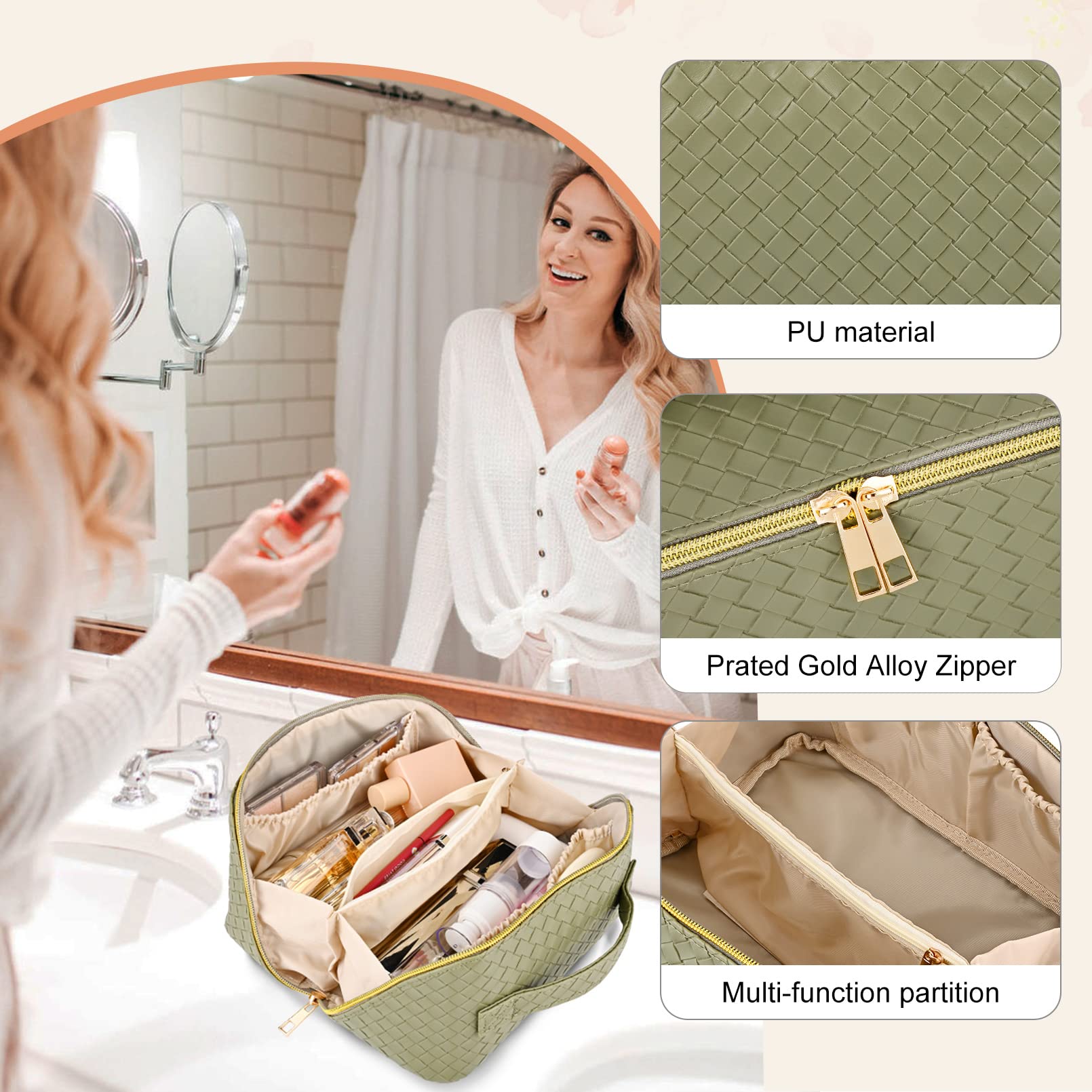 SOIDRAM Large Capacity Travel Cosmetic Bag Makeup Bag Leather Makeup Bag Organizer Women Portable Toiletry Bag Flat Lay Everything Cosmetic Bag Green