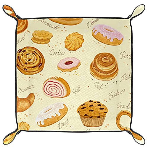 Leather Valet Tray, Dice Tray Folding Square Holder, Dresser Organizer Plate for Change Coin Key, Cartoon Cake Donut Bread