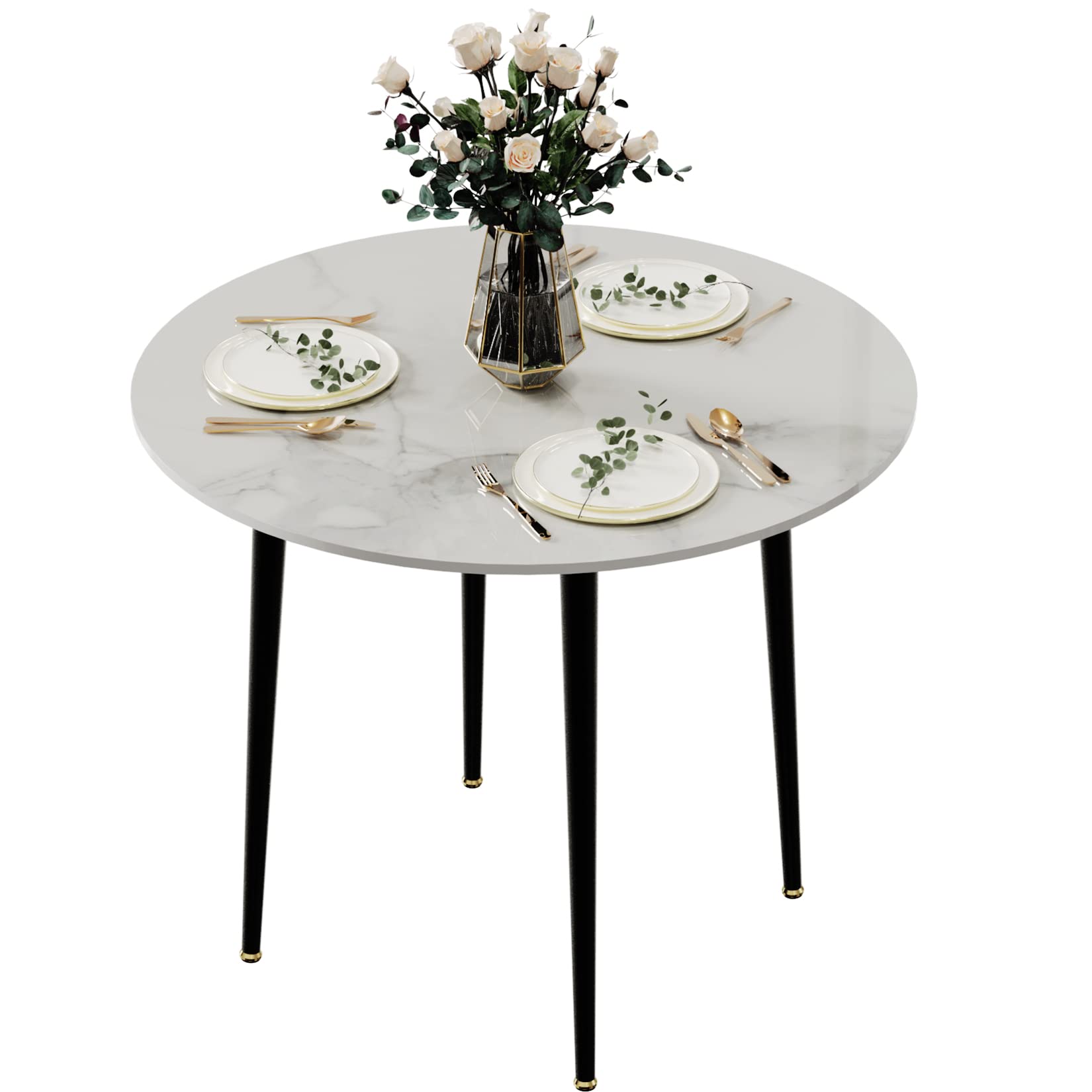 Wisfor Sintered Stone Dining Table: 32" Round Reception Table Modern Coffee Table Marble Table with Metal Legs for Kitchen Living Room Office Patio Seaside (White)