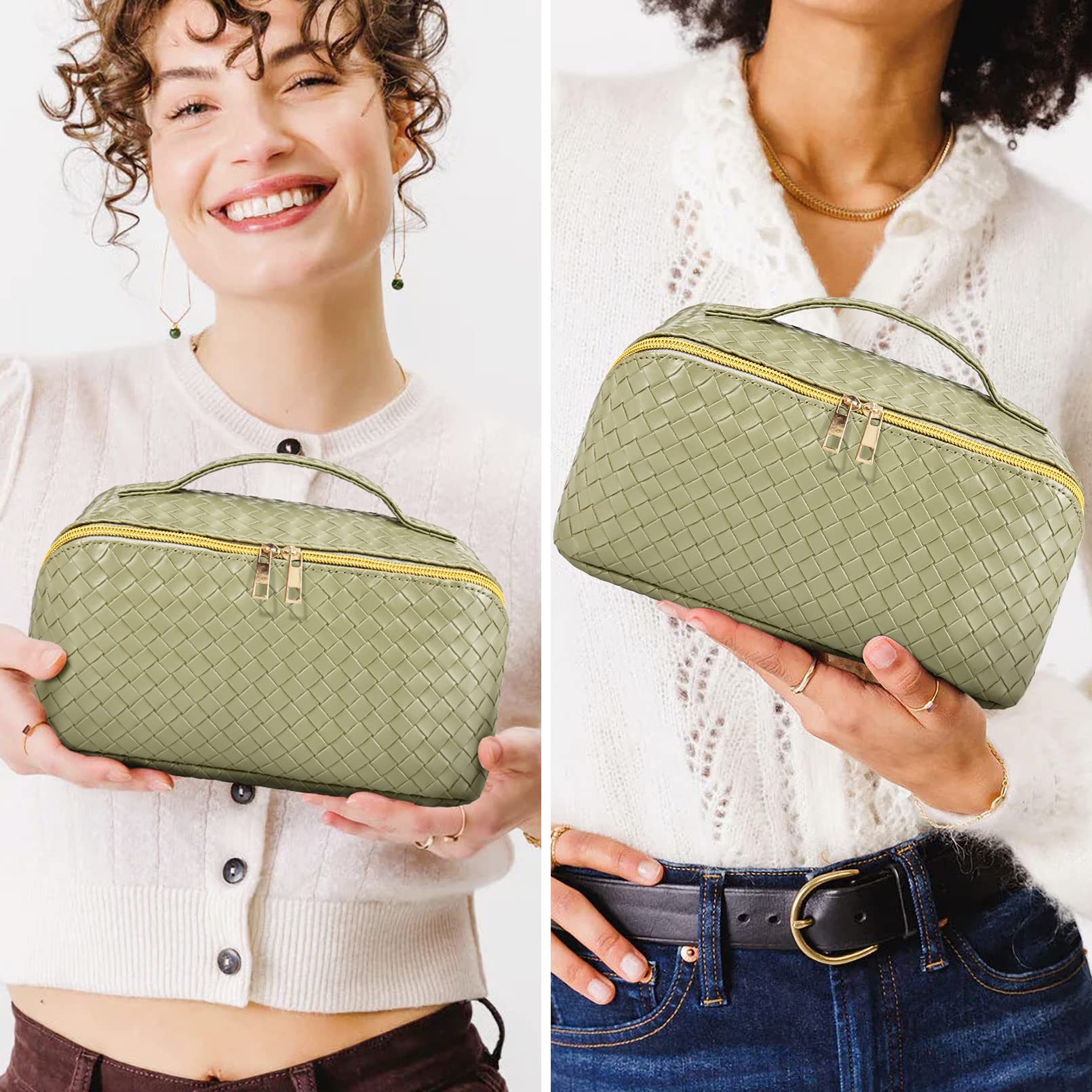 SOIDRAM Large Capacity Travel Cosmetic Bag Makeup Bag Leather Makeup Bag Organizer Women Portable Toiletry Bag Flat Lay Everything Cosmetic Bag Green